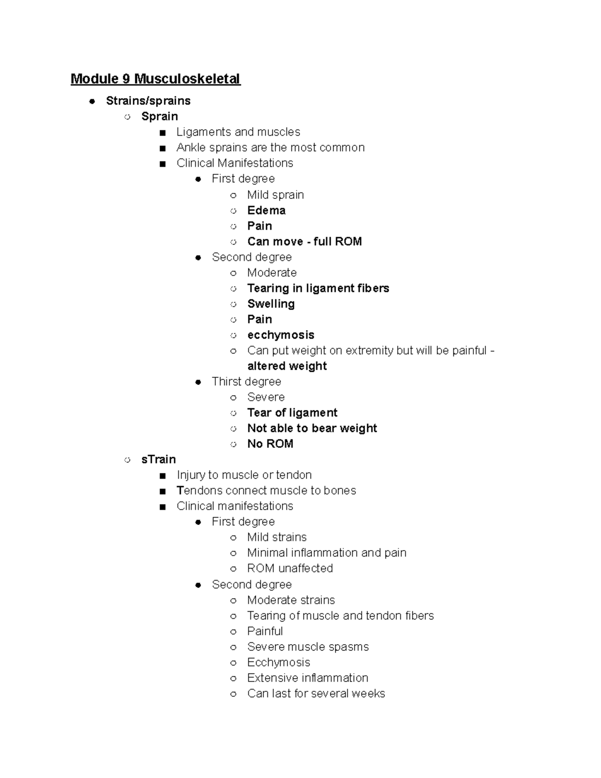 M9 NUR355 - Module 9 notes - Module 9 Musculoskeletal Strains/sprains ...