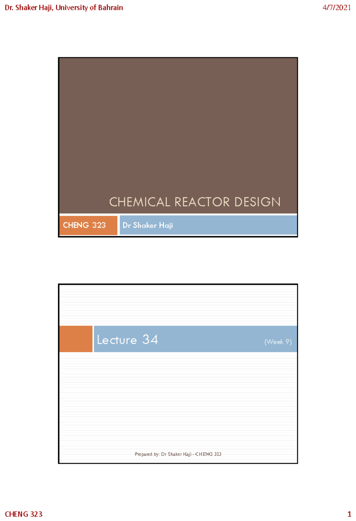 Cheng 323 Chap 6 Sem II 2020-21 - CHEMICAL REACTOR DESIGN CHENG 323 Dr ...