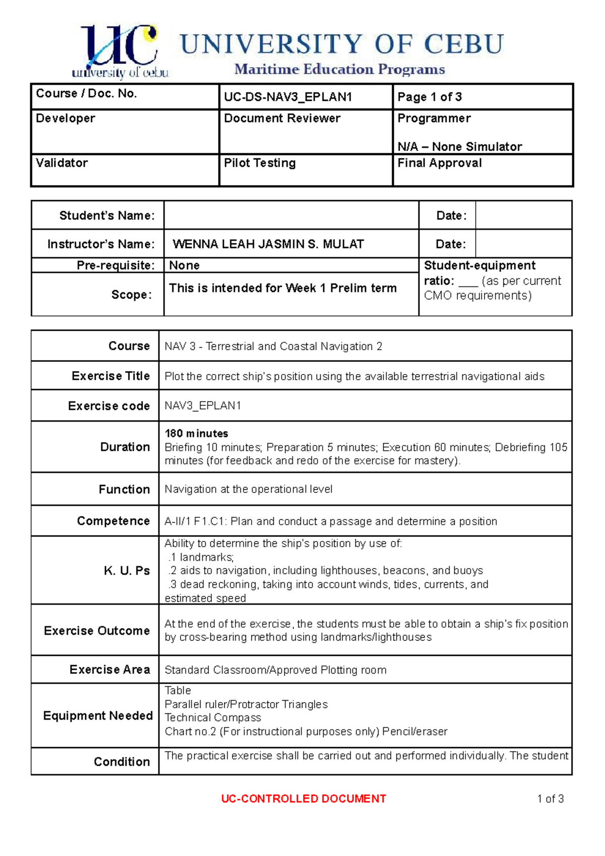 NAV3 Eplan 1- Prelimwk 1 - Course / Doc. No. UC-DS-NAV3_EPLAN1 Page 1 ...