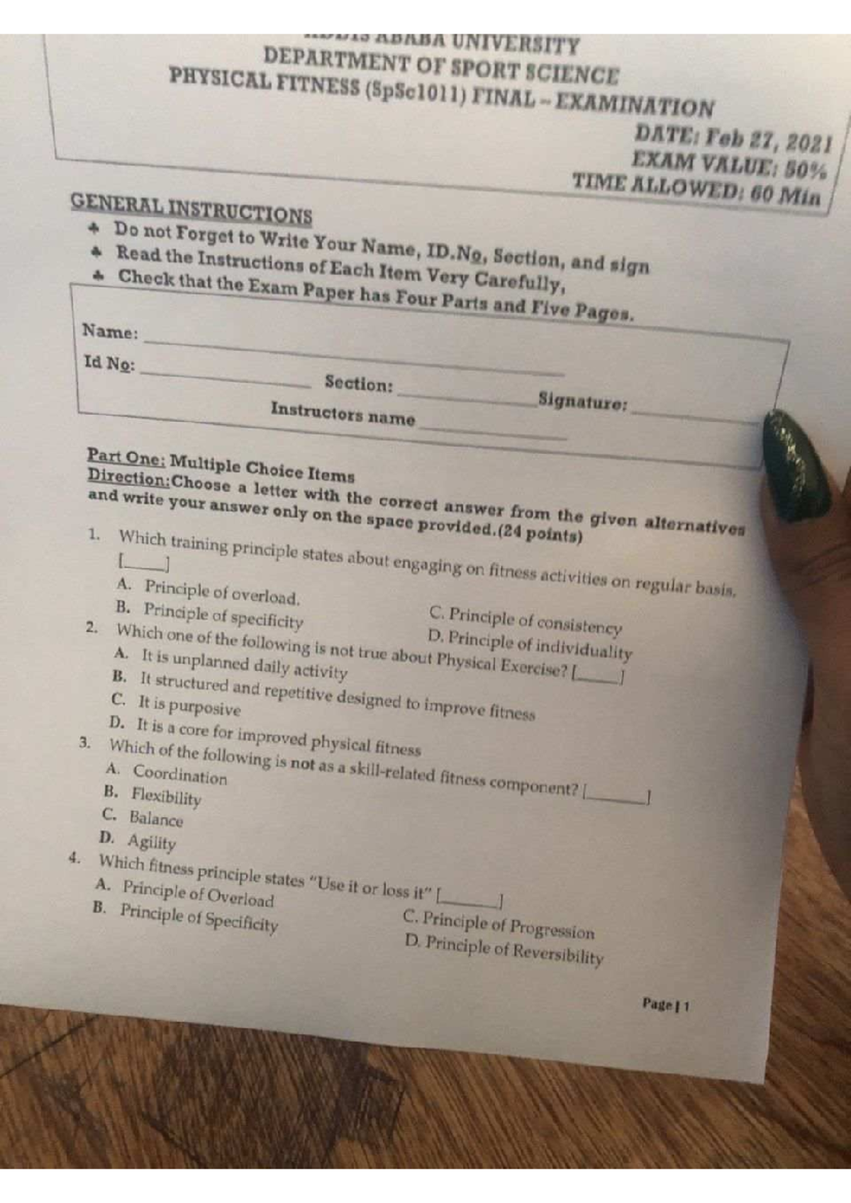 Physical Fitness Final Exam 1 (AAU) - Studocu