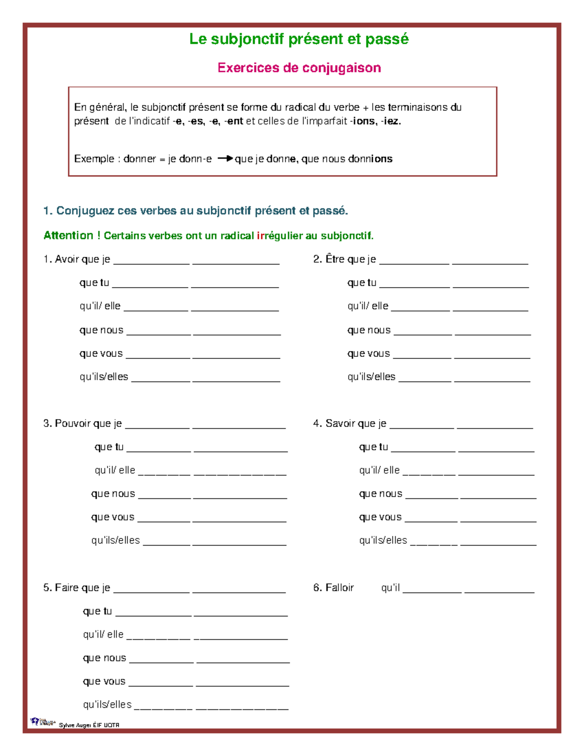 Le subjonctif Exercices et corrigé - Le subjonctif présent et passé Exercices de conjugaison En ...