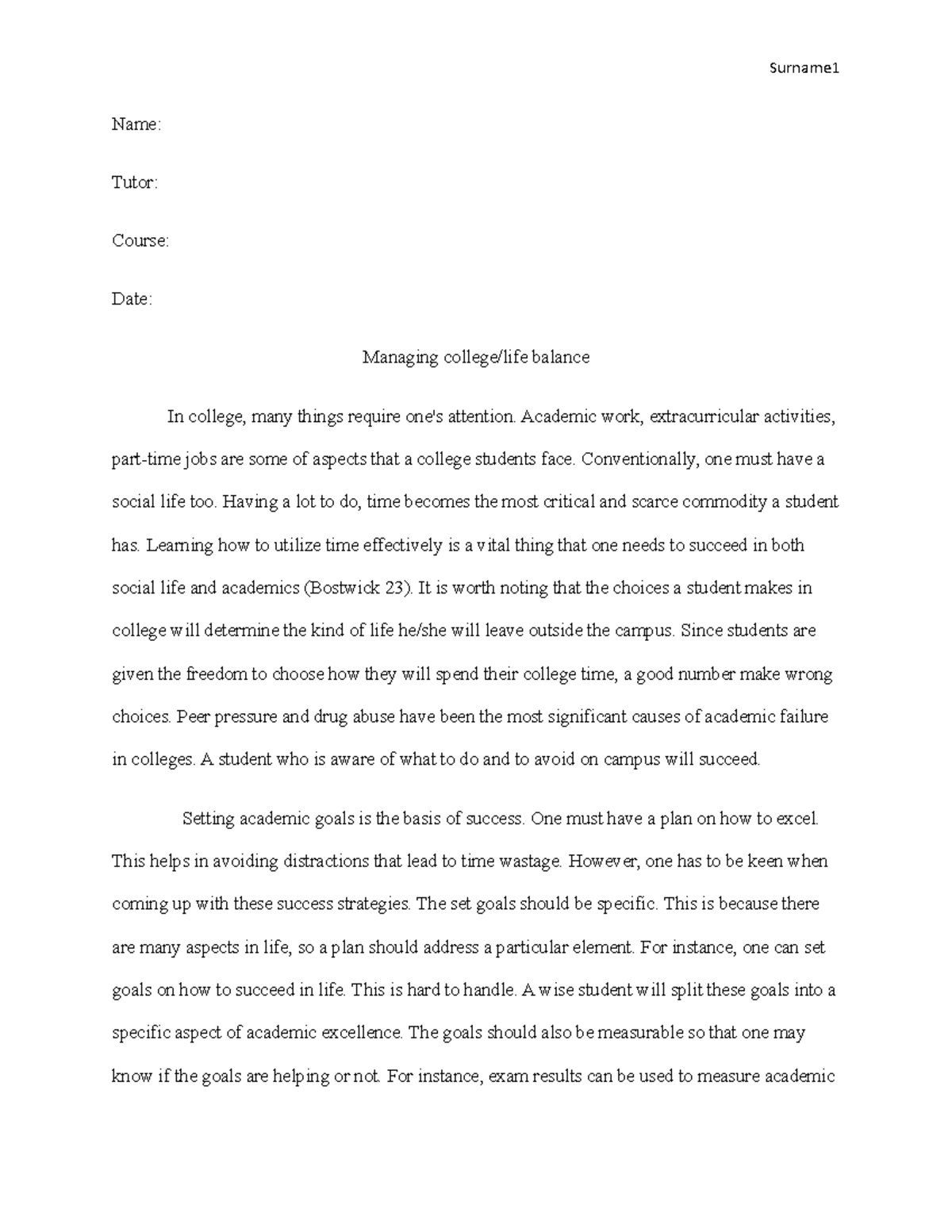 college life essay - Name: Tutor: Course: Date: Managing college/life ...