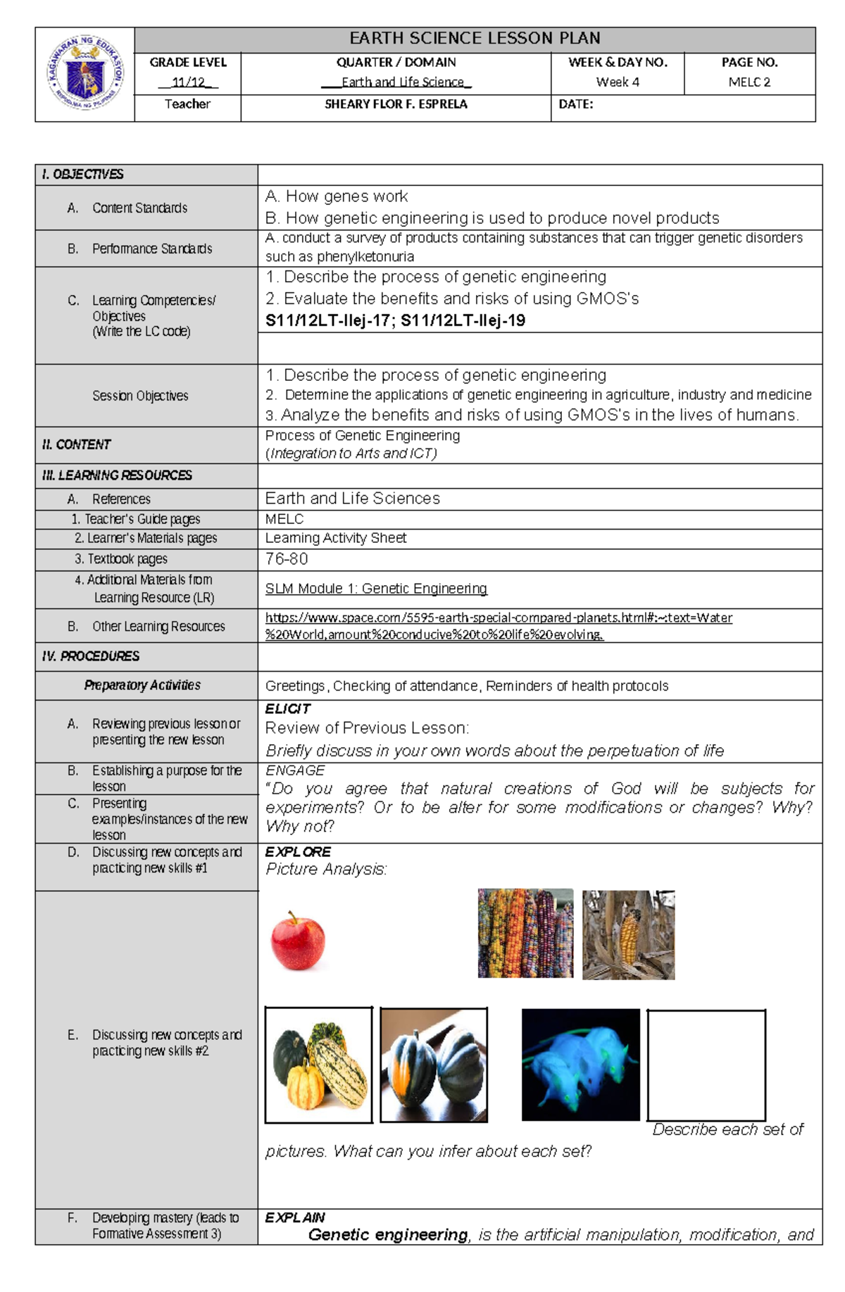LP-Genetic-Engineering - GRADE LEVEL 11/12 QUARTER / DOMAIN __Earth and ...