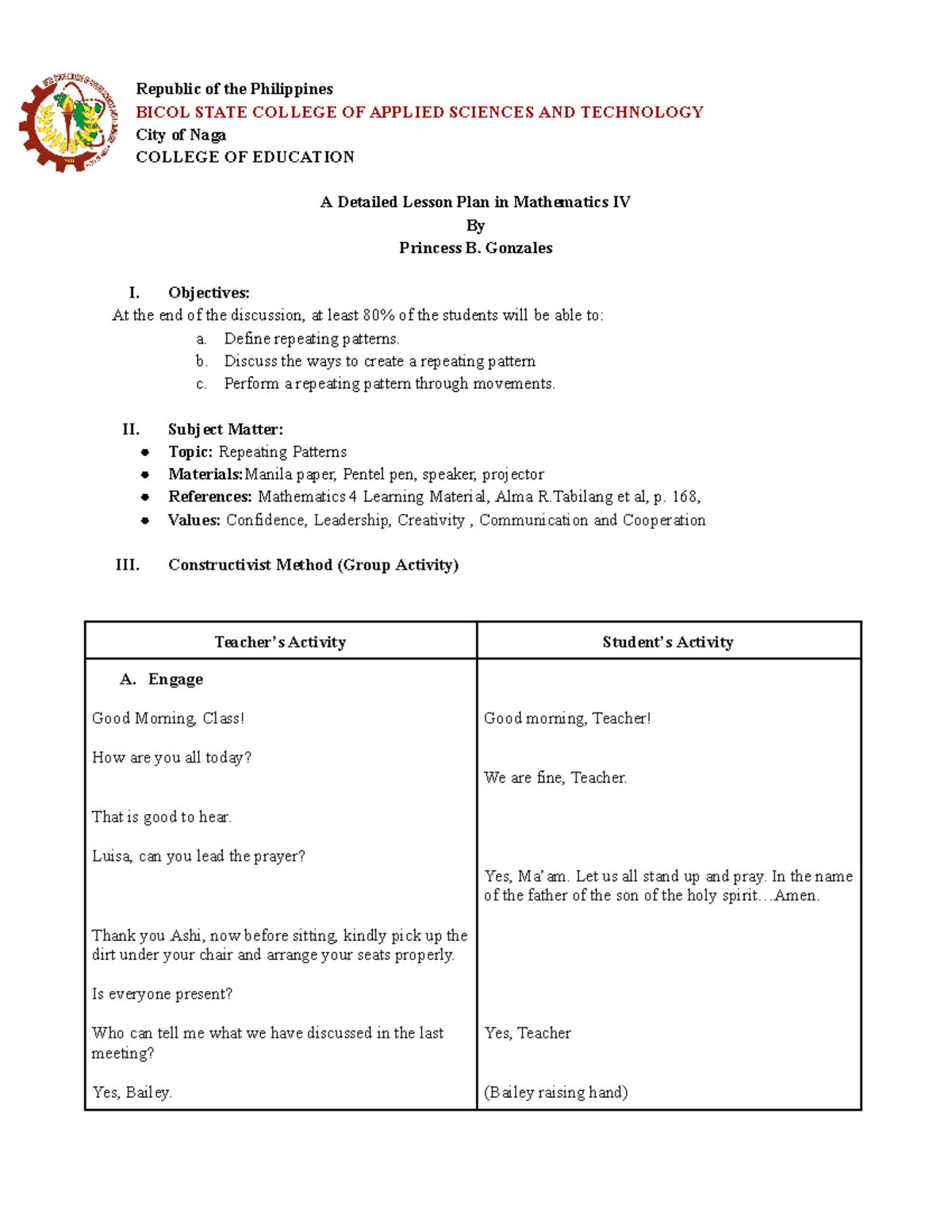 Detailed Lesson Plan in Math Constructivist Method - Republic of the ...