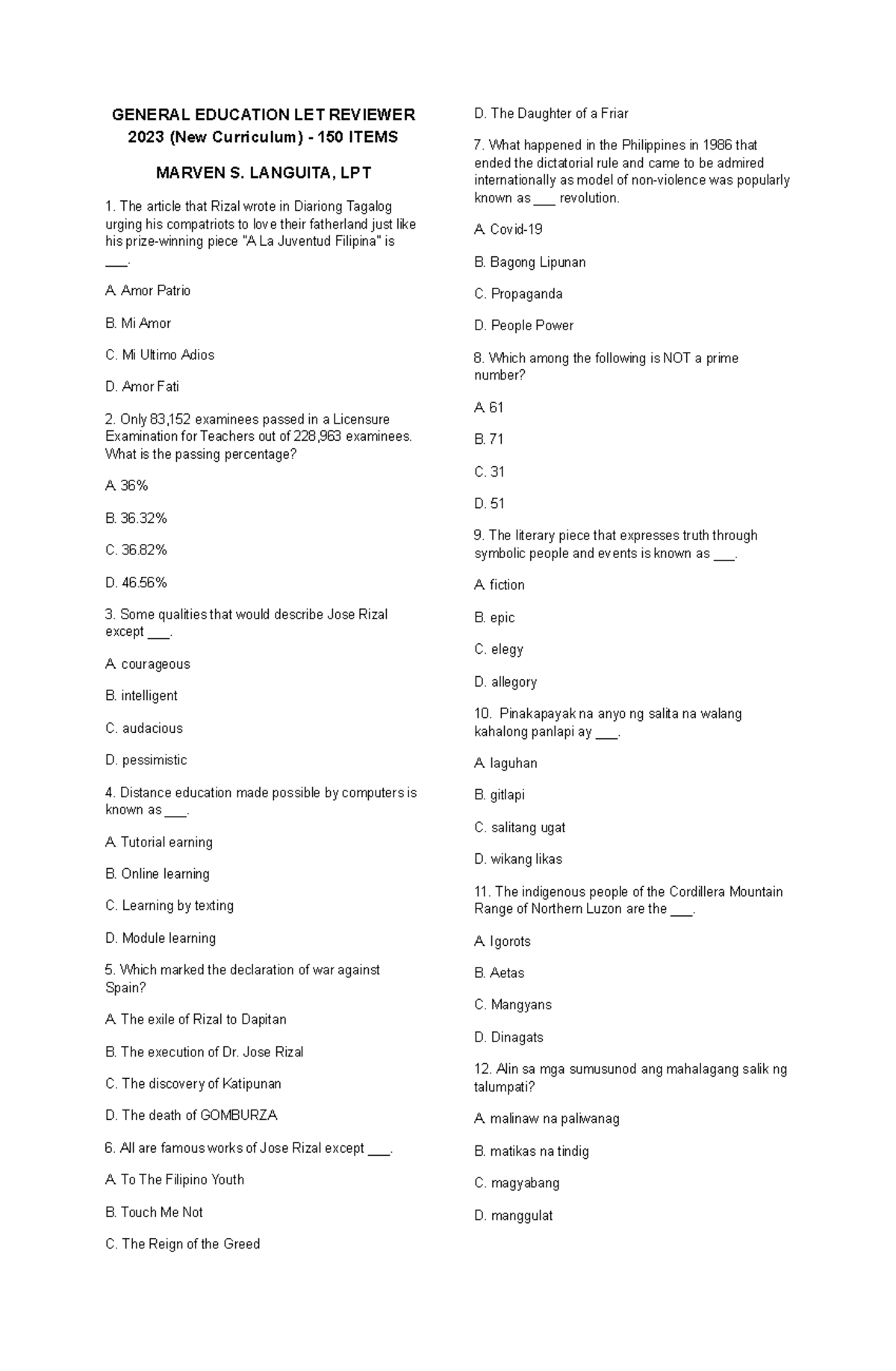 GEN ED 2023 New Curriculum - GENERAL EDUCATION LET REVIEWER 2023 (New ...