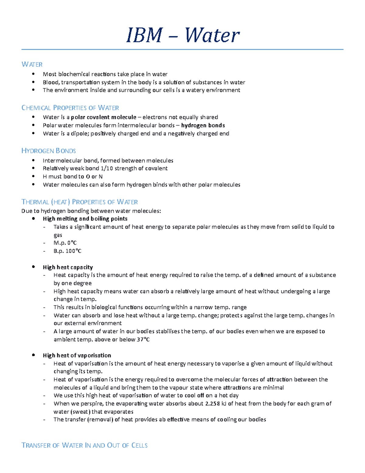 IBM - Water - IBM – Water WATER Most biochemical reactions take place ...