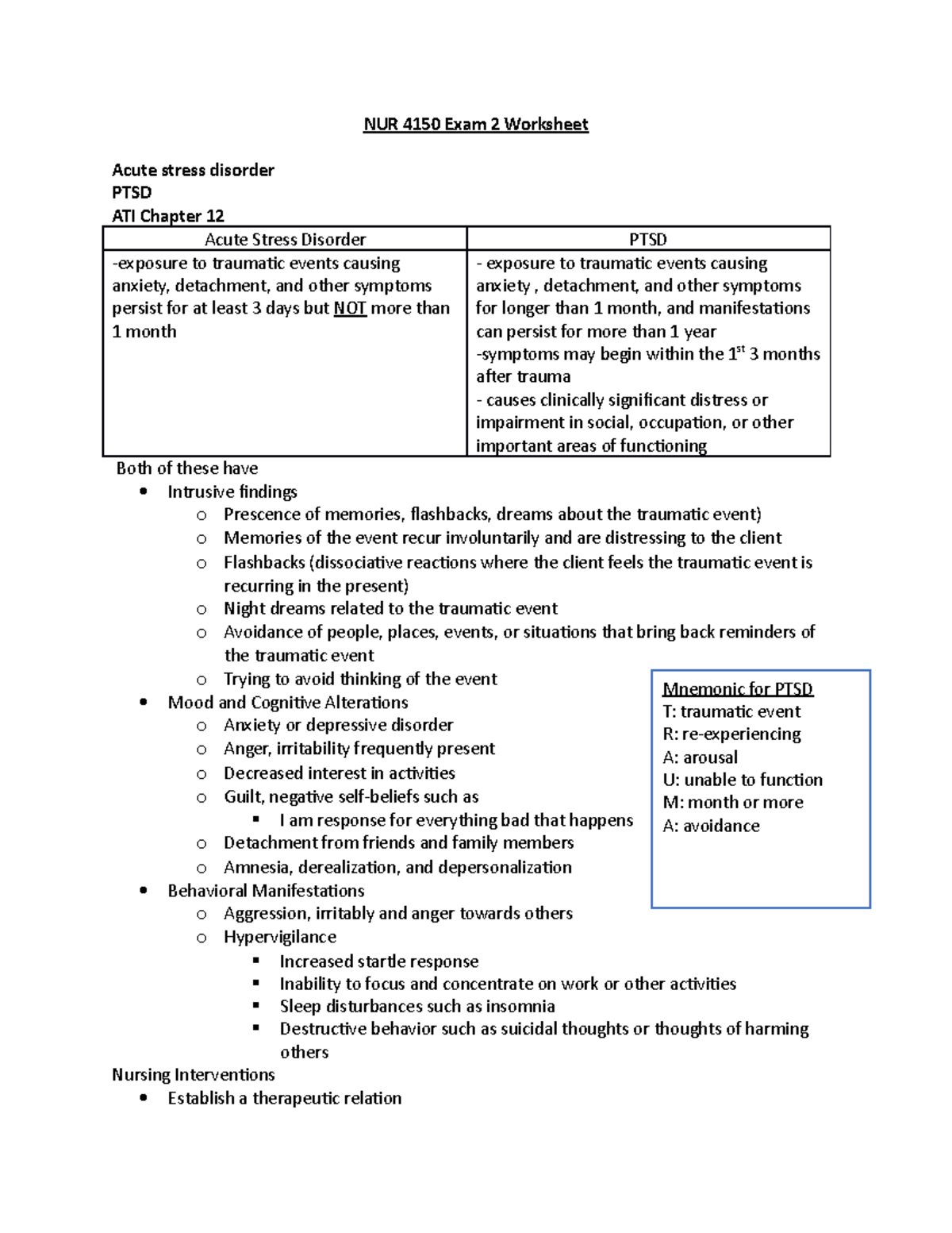 Acute Stress Disorder, PTSD, Anorexia, Bulmia, etc - NUR 4150 Exam 2 ...