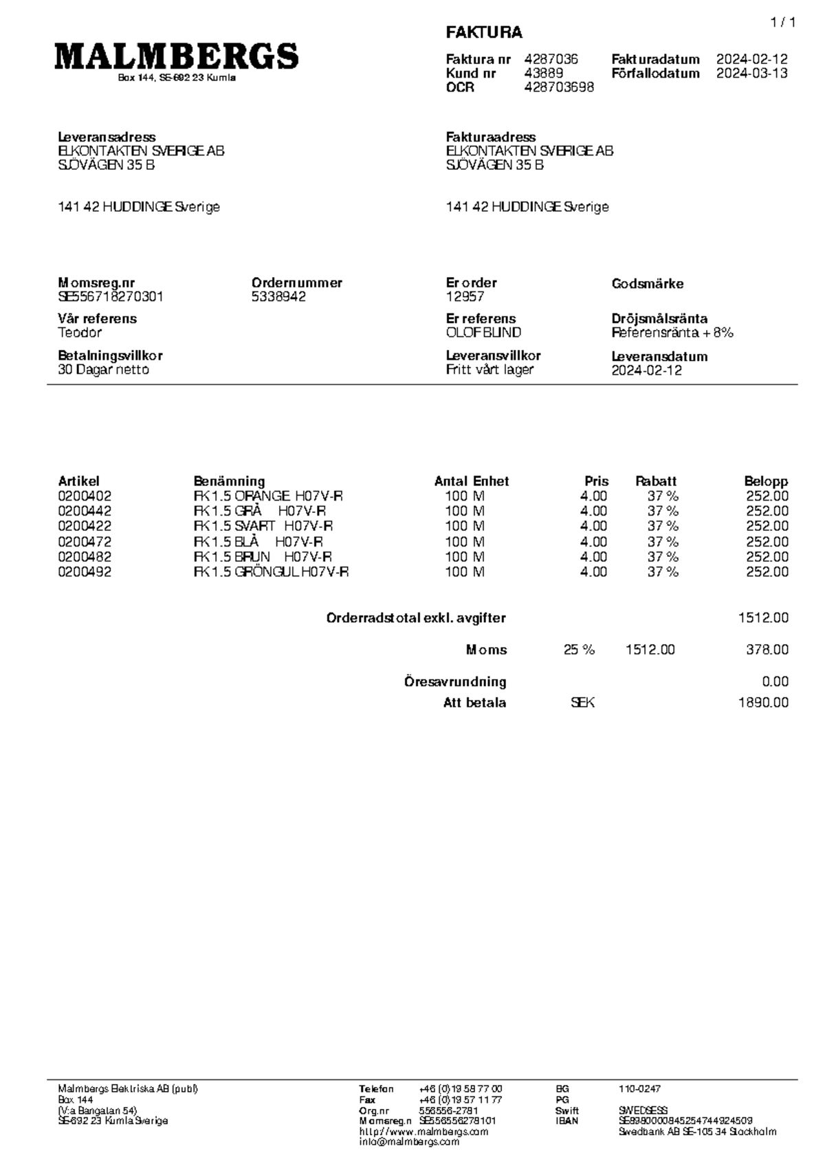 Faktura 4287036 - fakturor - Artikel Benämning Antal Enhet Pris Rabatt ...