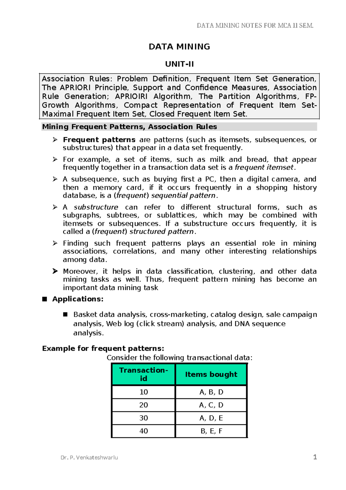 Unit Ii Notes Data Mining R22 Data Mining Unit Ii Association Rules Problem Definition