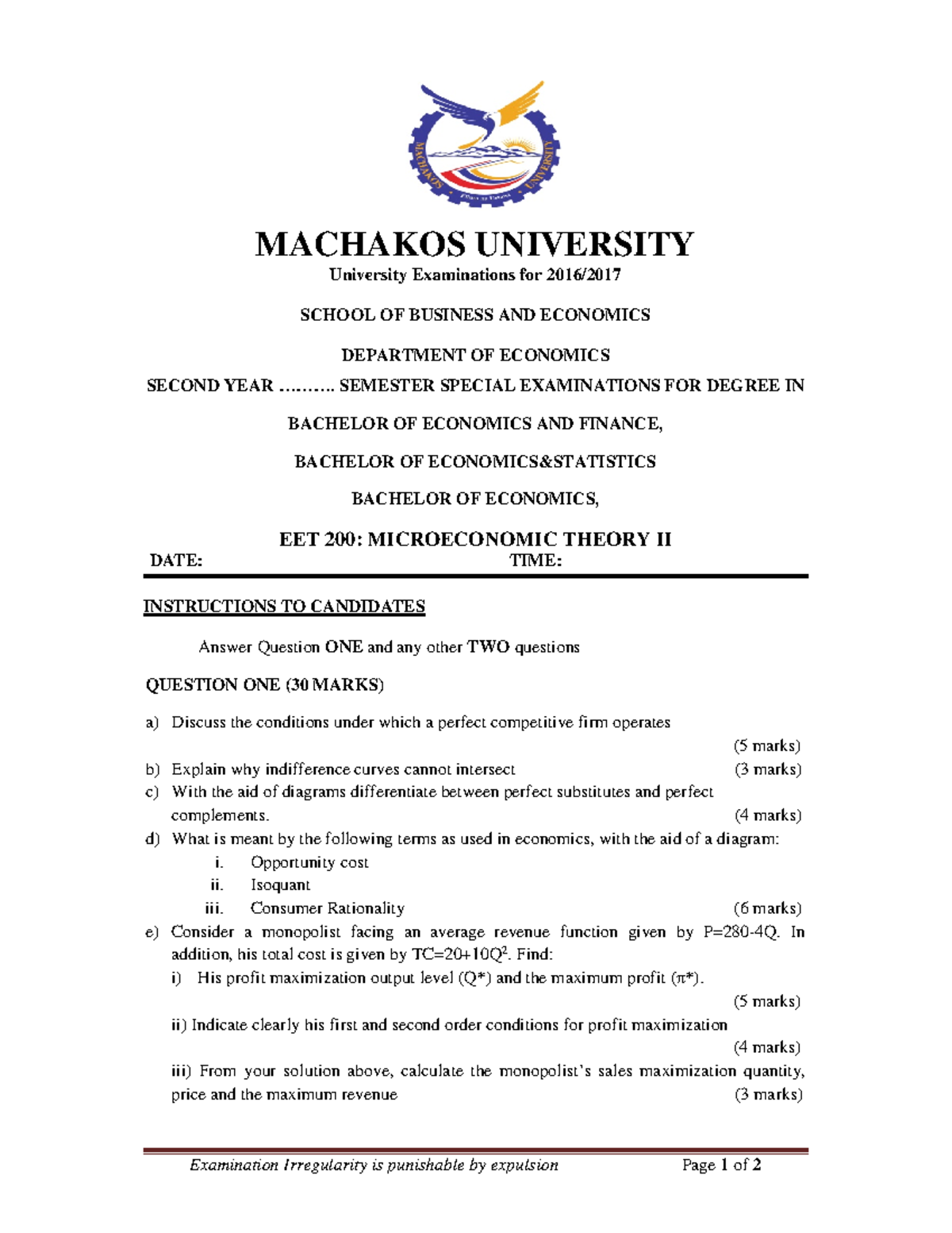 EET 200 Microeconomic Theory II revision questions and past papers ...