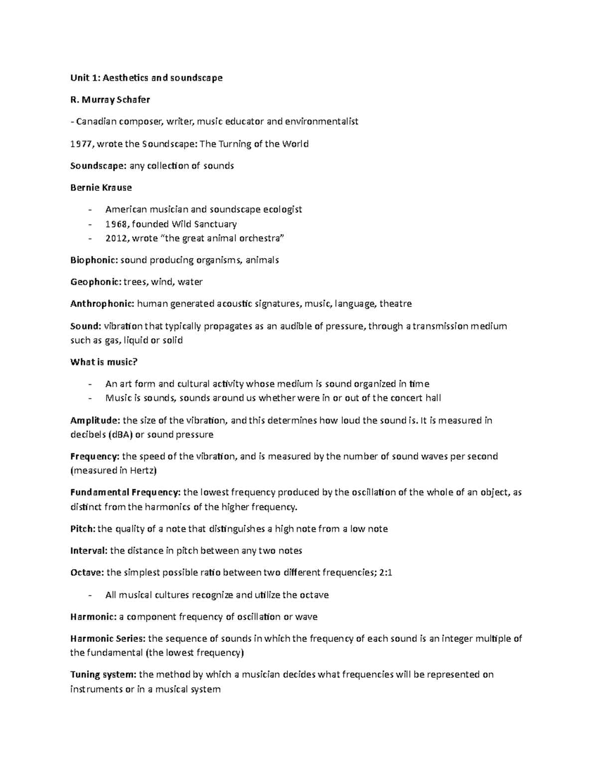 Unit 1 - Lecture notes 1 - Unit 1: Aesthetics and soundscape R. Murray ...