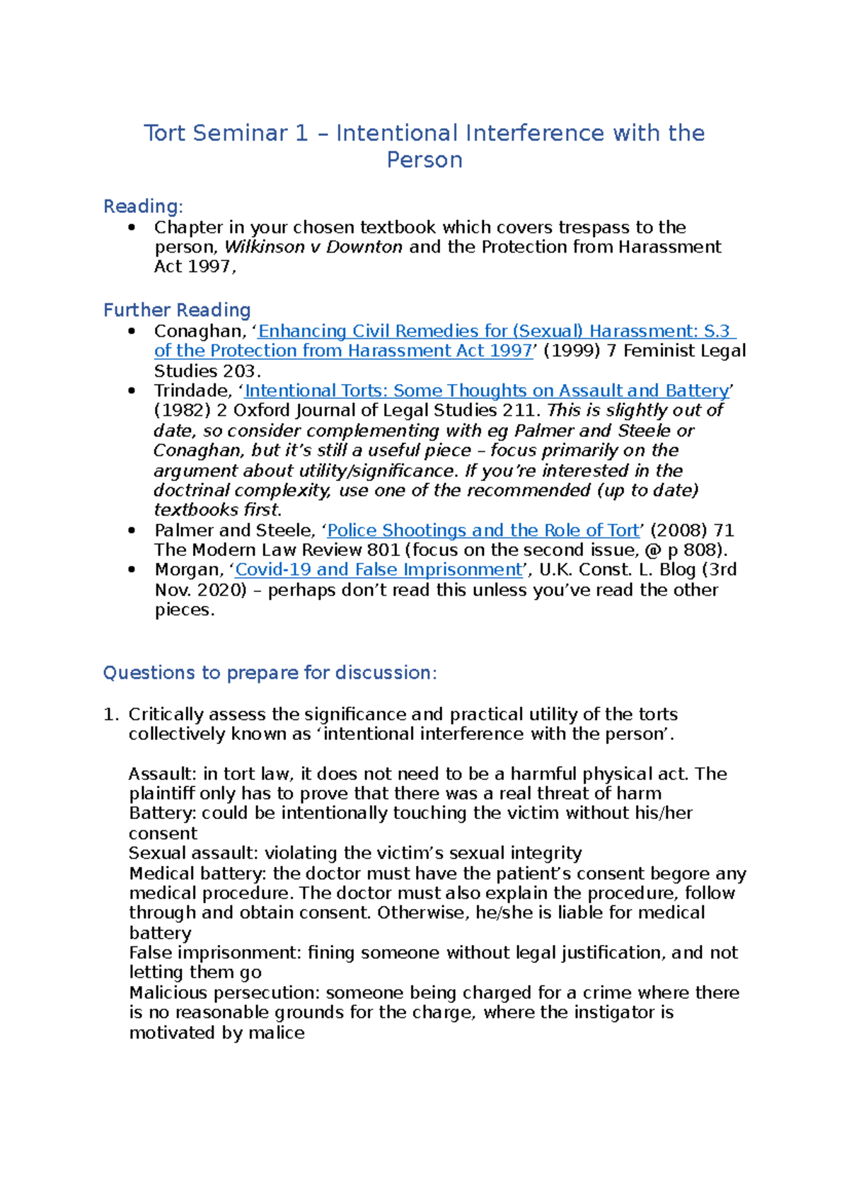 Tort Seminar 1 – Intentional Interference with the Person - LAW2610 ...