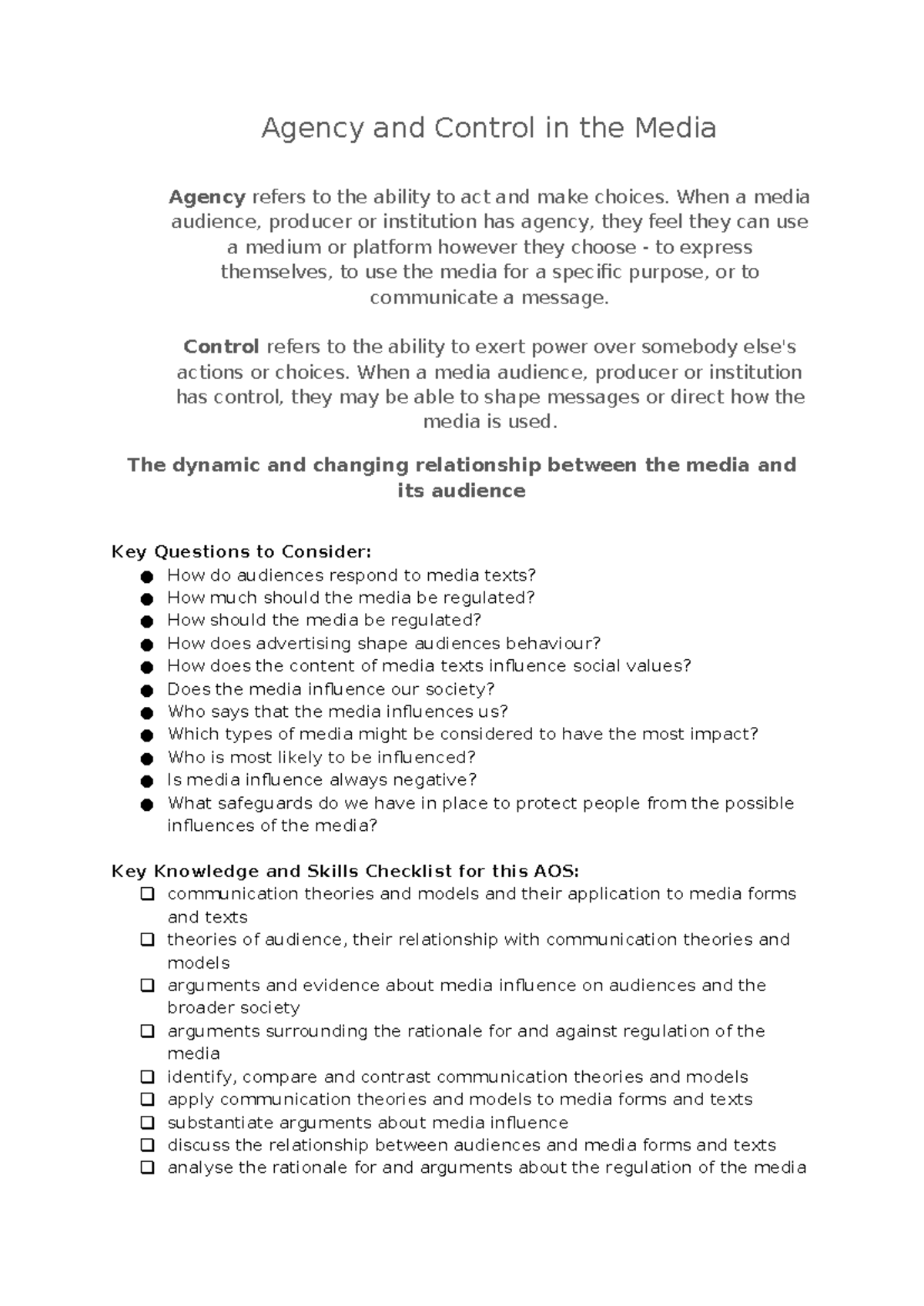 U3 AOS 2 Agency And Control Notes and Examples - Agency and Control in ...
