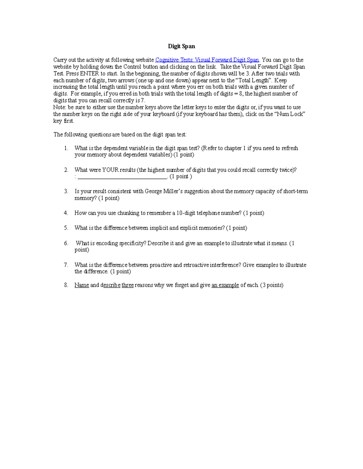 Digit Span Assignment - Digit Span Carry out the activity at following ...
