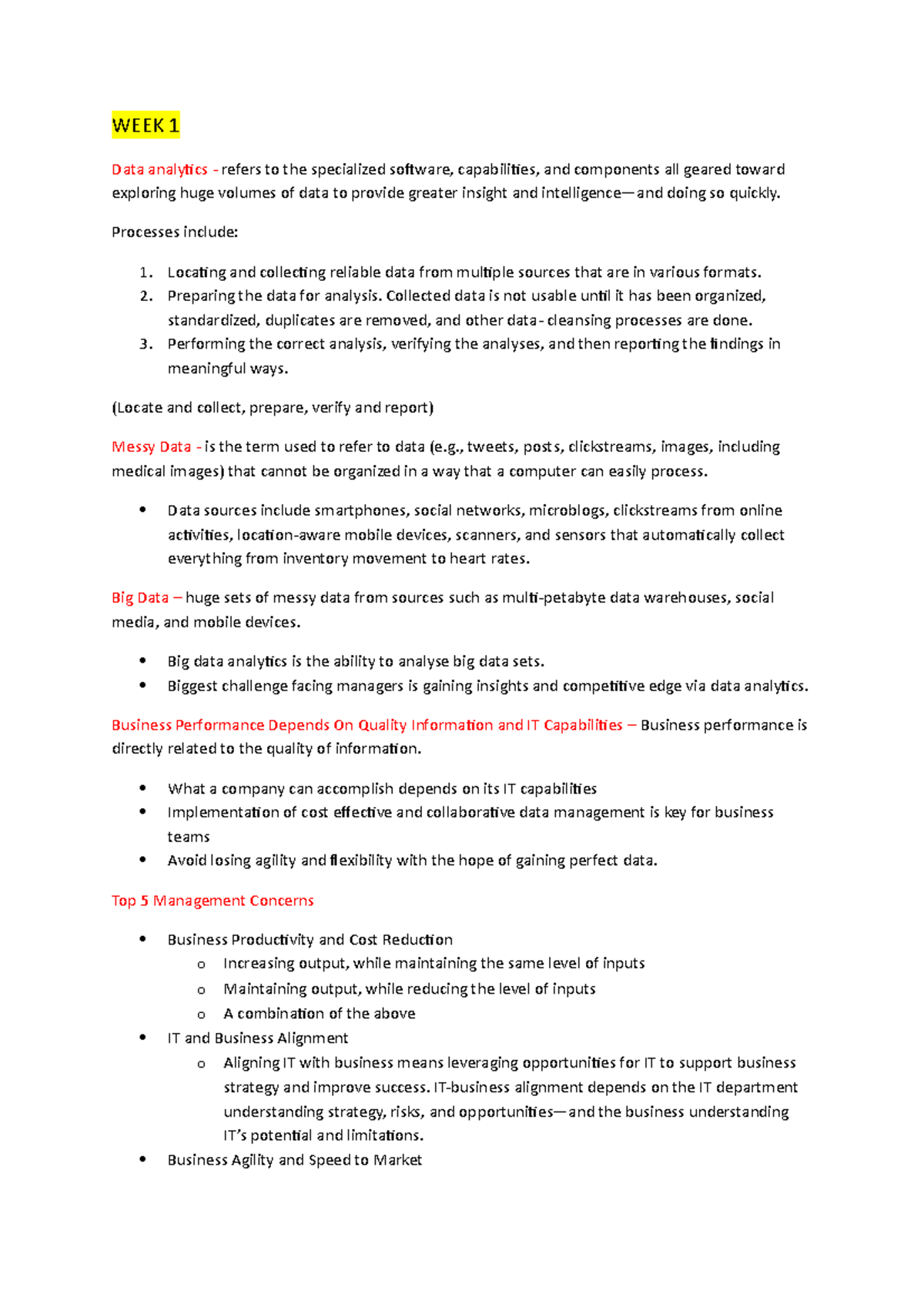 Lecture notes, lectures 1-10 and text book notes - WEEK 1 Data ...