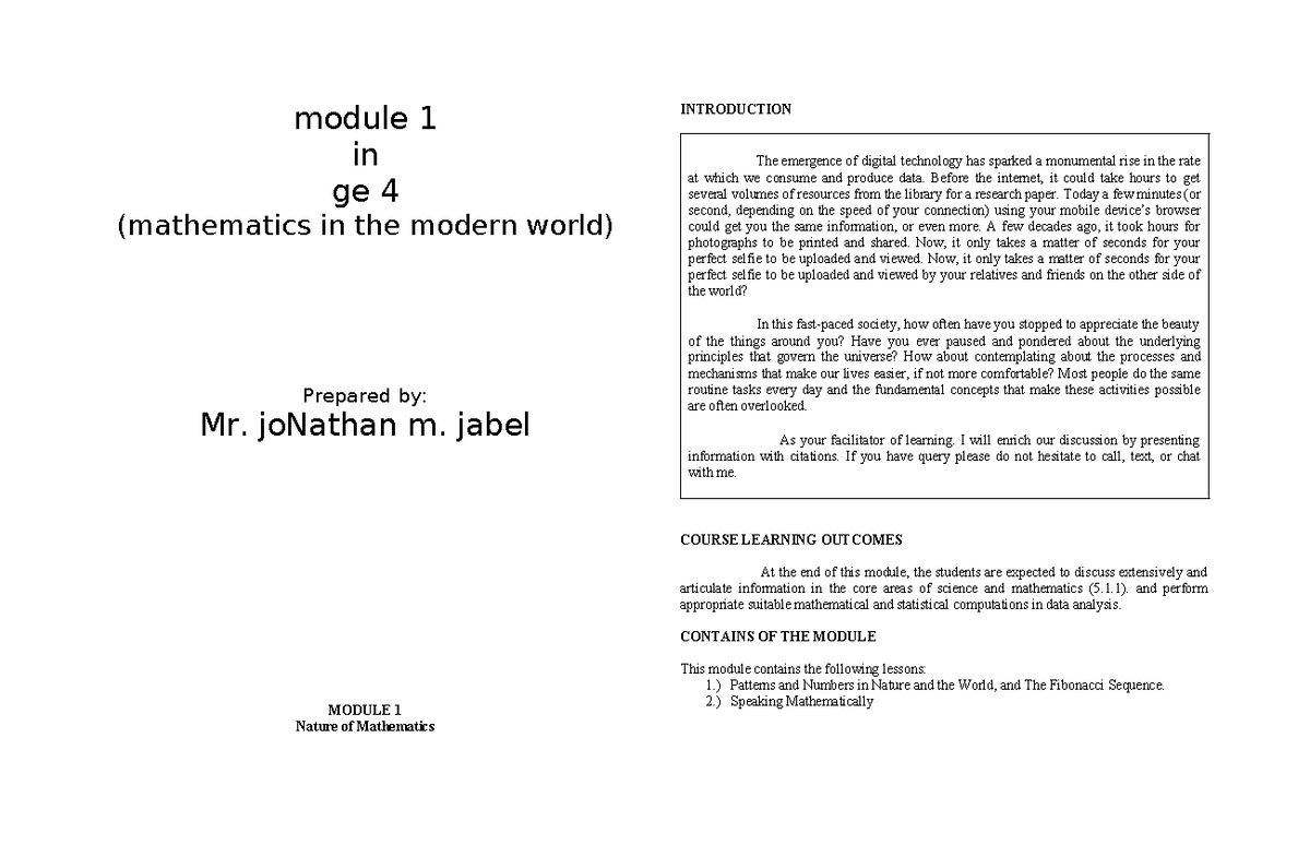 Module 1 in GE 4 - Summarization - module 1 in ge 4 (mathematics in the modern world) Prepared ...