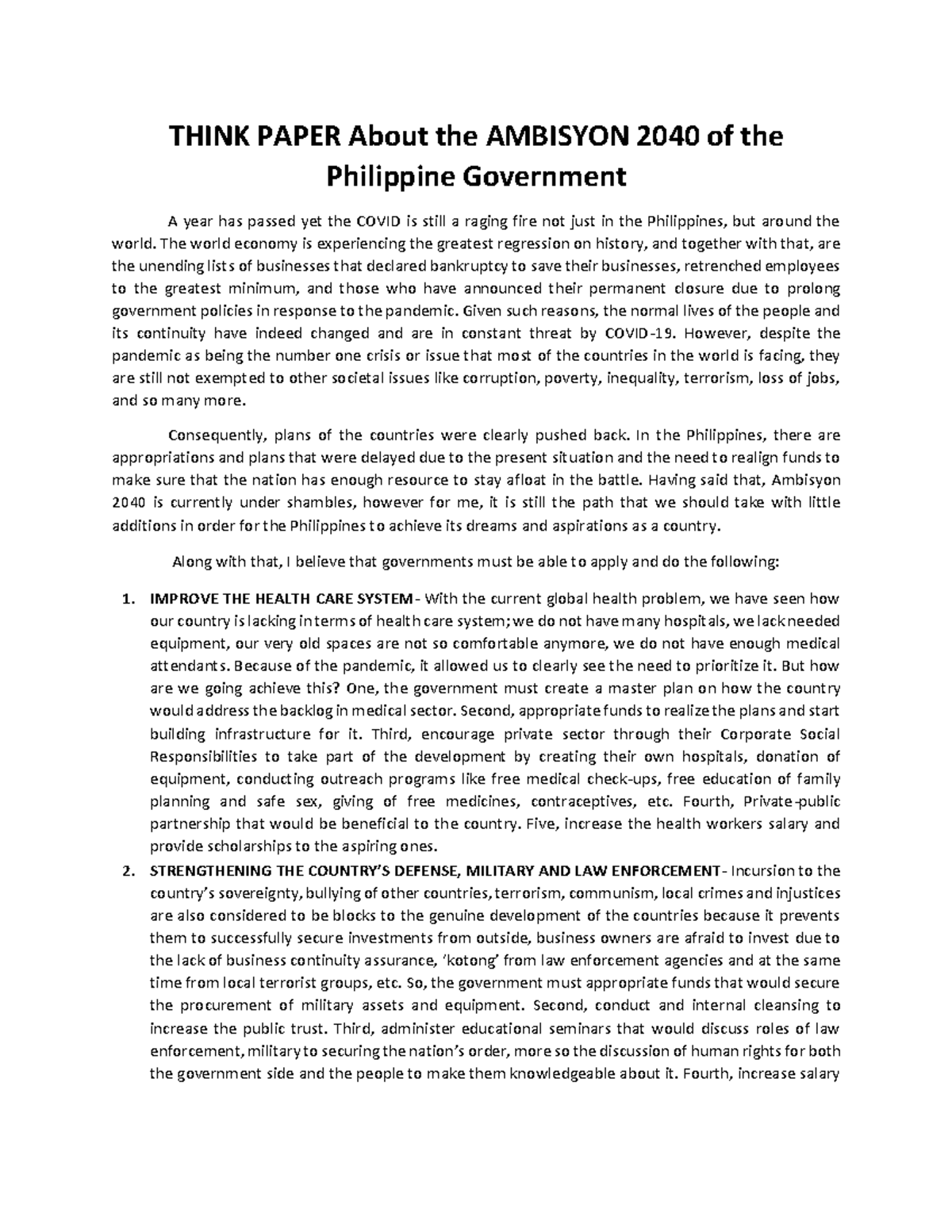 Think Paper on Ambisyon 2040 of the Philippines - THINK PAPER About the ...