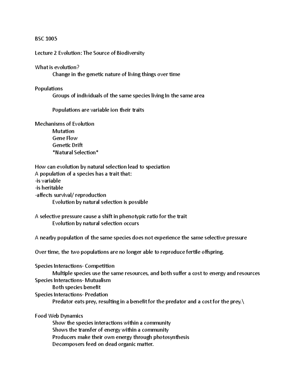 BSC 1005 - random lecture notes - BSC 1005 Lecture 2 Evolution: The ...