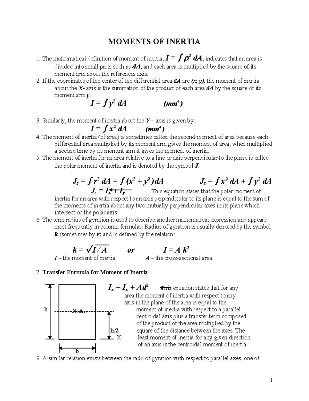 7- Moments OF Inertia - MOMENTS OF INERTIA 1. The mathematical definition of moment of inertia ...