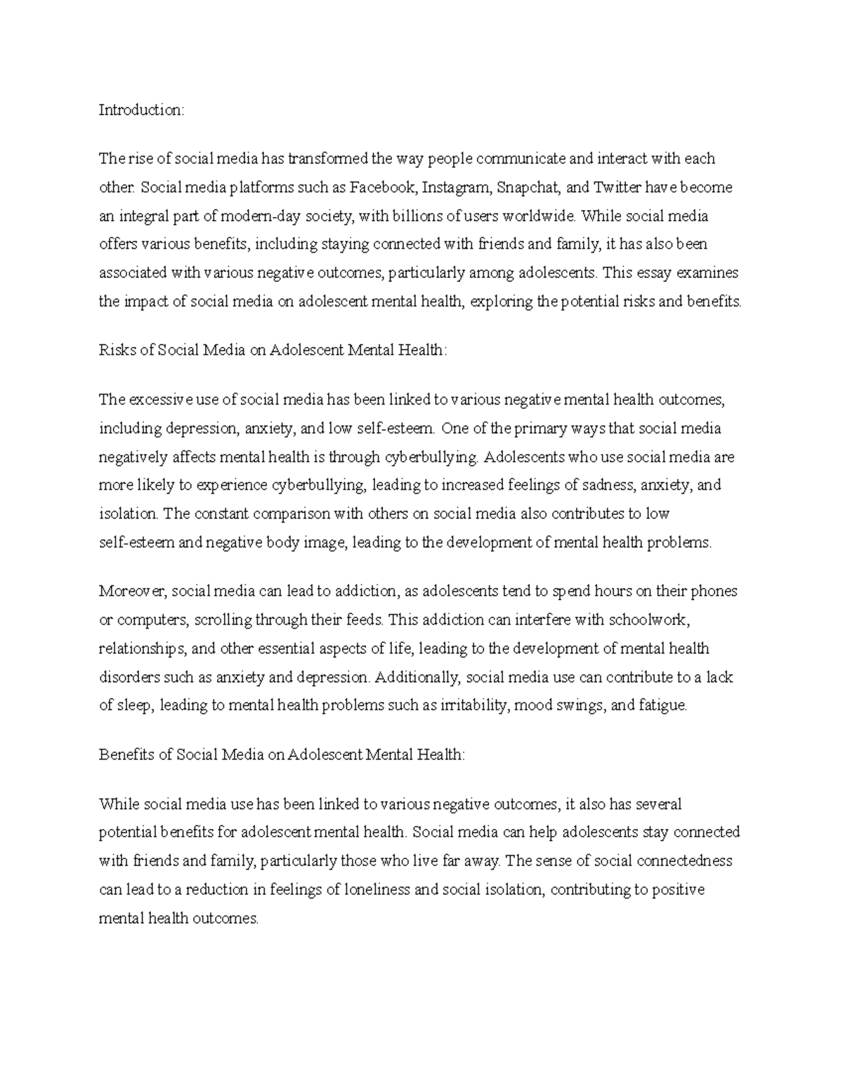 Title The Impact of Social Media on Adolescent Mental Health ...