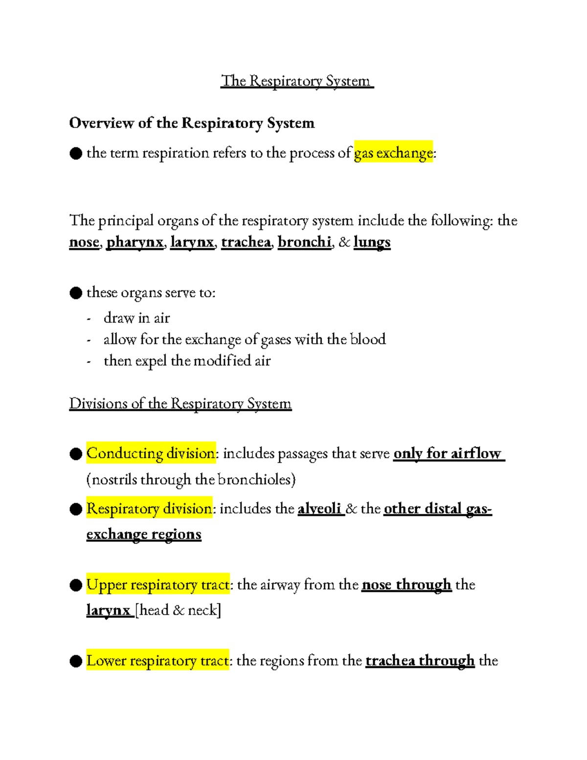 Respiratory System Notes - The Respiratory System Overview of the ...