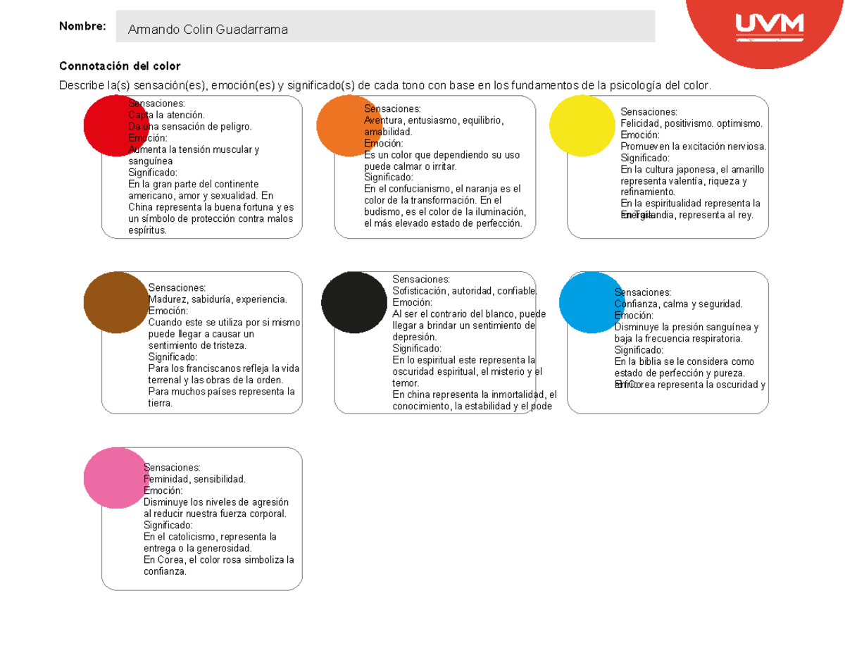 A6 teoría y manejo del color - Nombre: Connotación del color Describe ...
