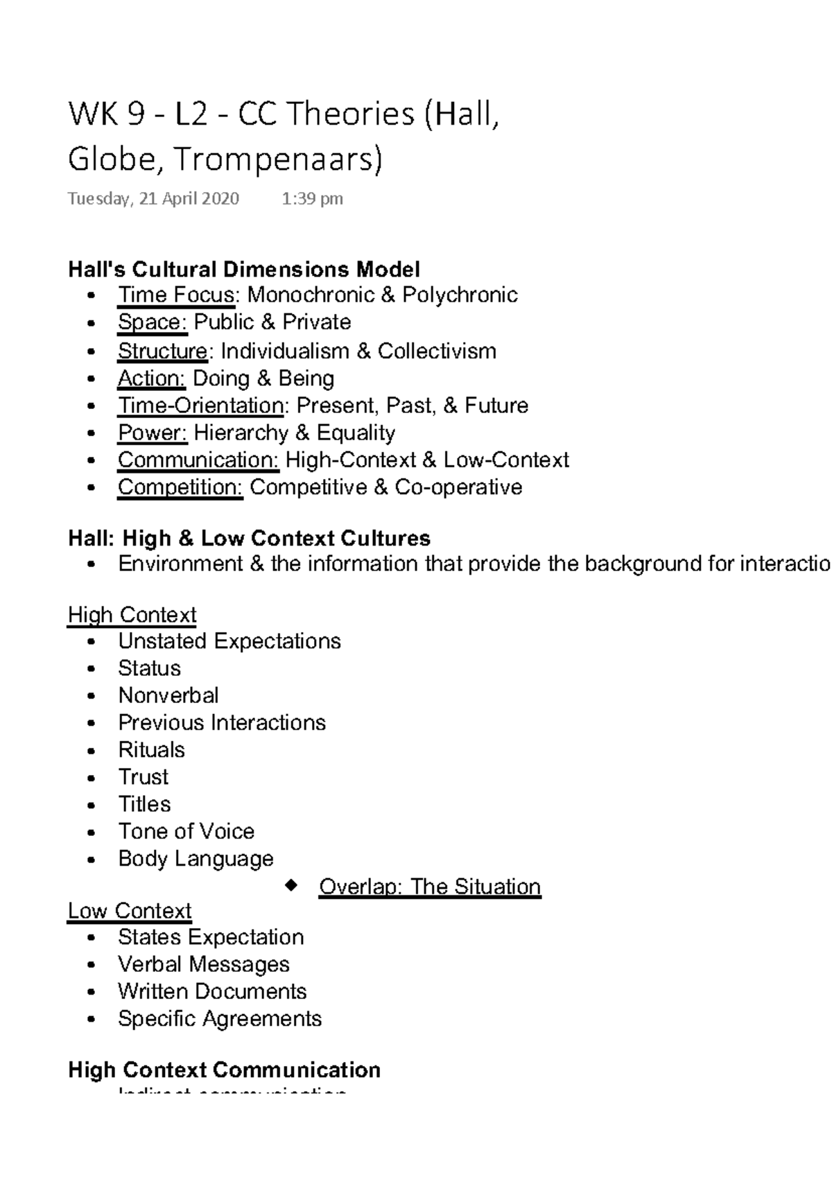 WK 9 - L2 - CC Theories (Hall, Globe, Trompenaars) - Hall's Cultural ...