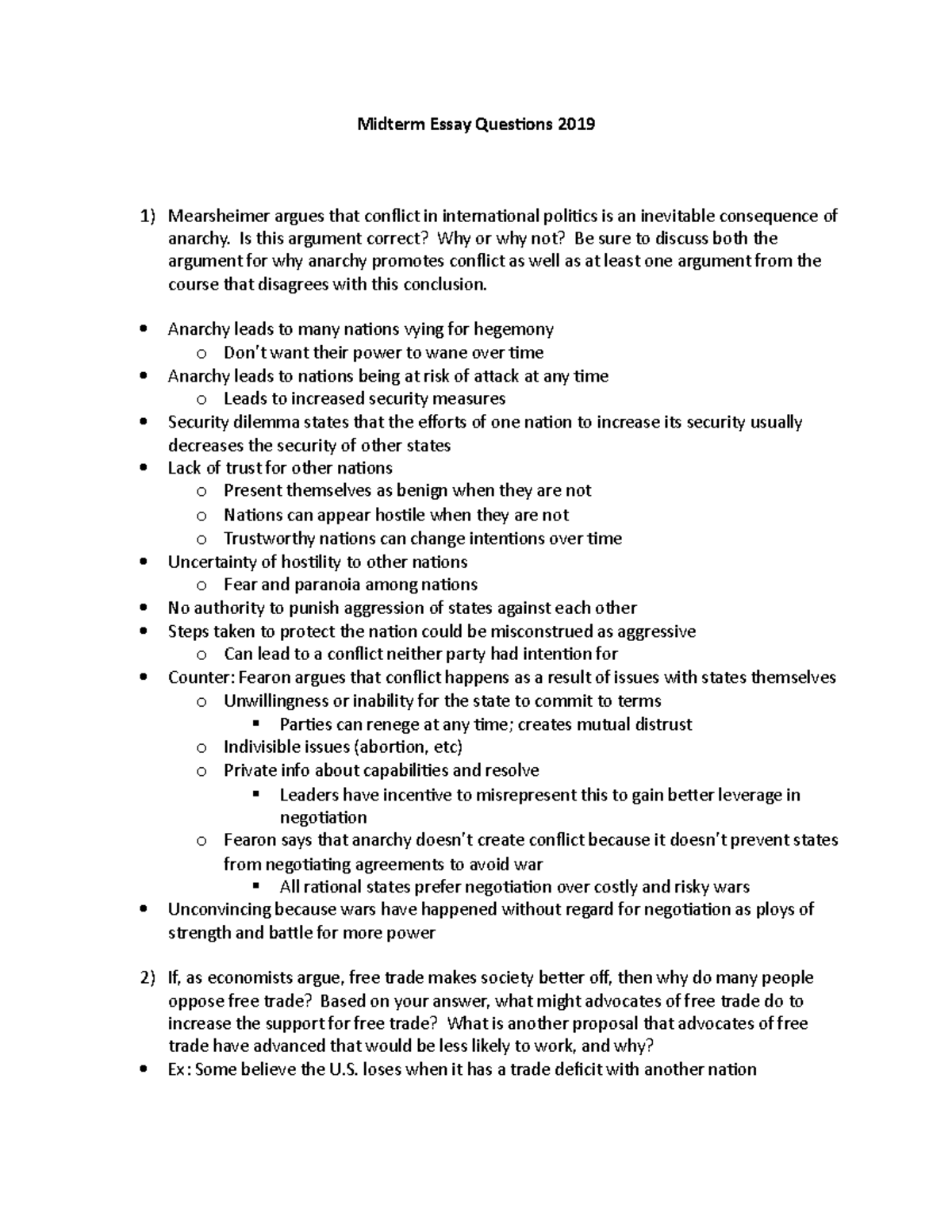 Midterm essay questions 2019 - Midterm Essay Questions 2019 Mearsheimer ...