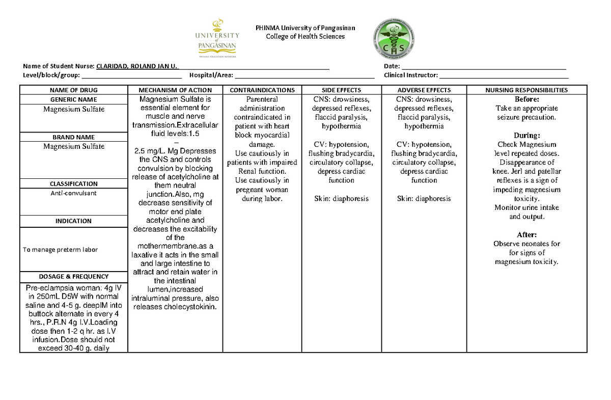 Magnesium sulfate drug study 1 - PHINMA University of Pangasinan ...