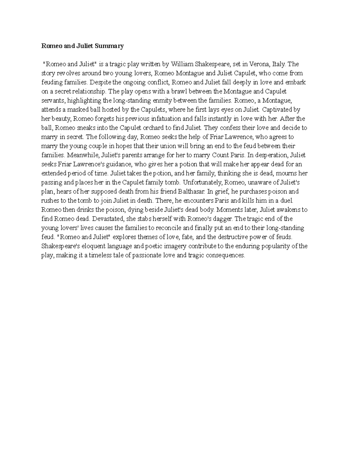Romeo and Juliet by William Shakespeare Summary - Romeo and Juliet ...