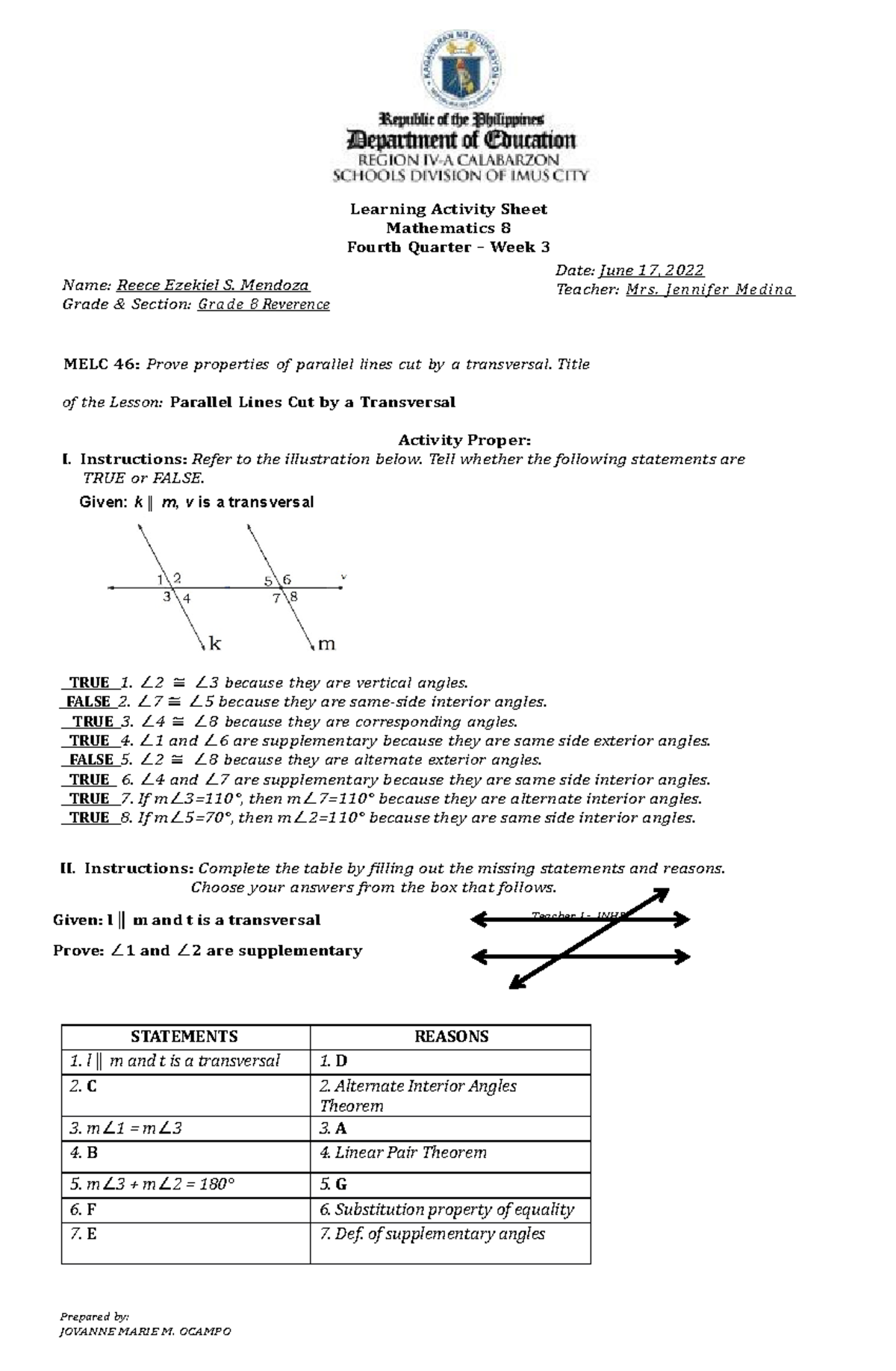 MATH8 LAS Q4 W3 MELC46 - Learning Activity Sheet Mathematics 8 Fourth ...