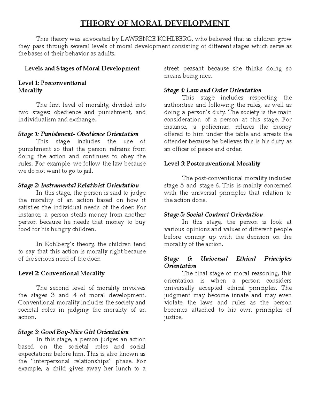 Theory OF Moral Development - THEORY OF MORAL DEVELOPMENT This theory ...