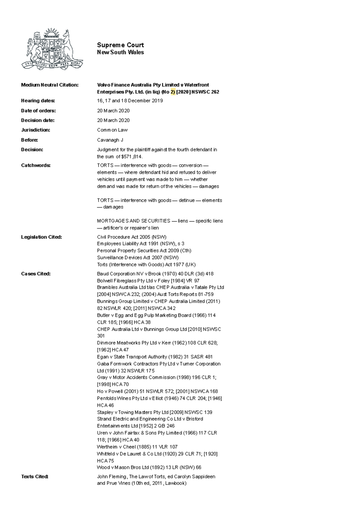 Volvo Finance Australia Pty Limited v Waterfront Enterprises Pty. Ltd ...