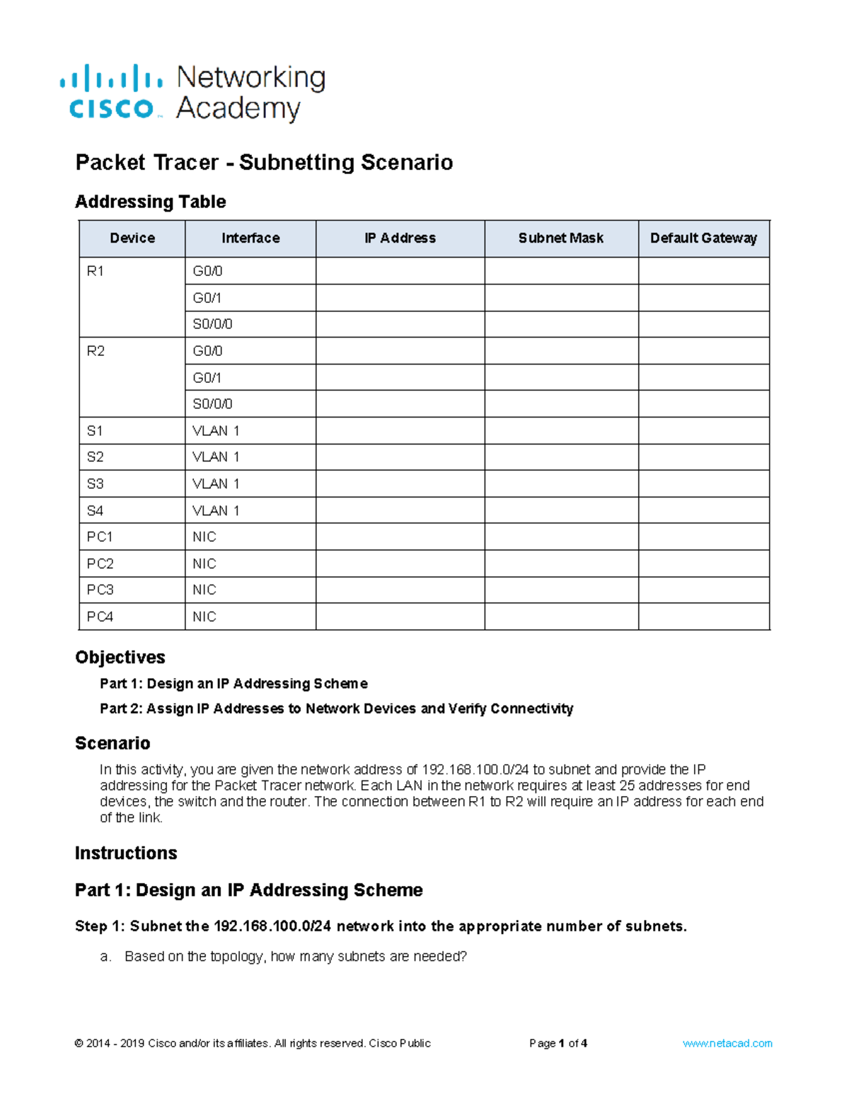 11.7.5 Packet Tracer - Subnetting Scenario - Addressing Table Device Interface IP Address Subnet ...
