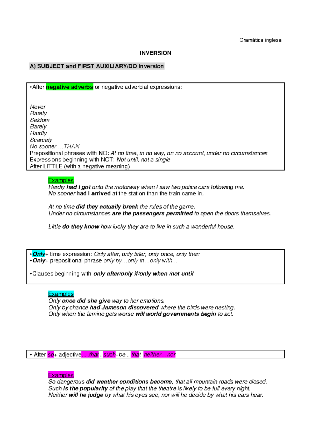 Inversion-theory - Gramática inglesa INVERSION A) SUBJECT and FIRST ...