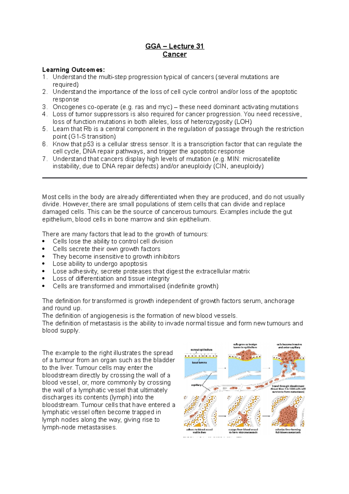 Cancer and loss of cell cycle control - GGA Lecture 31 Cancer Learning Outcomes: 1. Understand ...