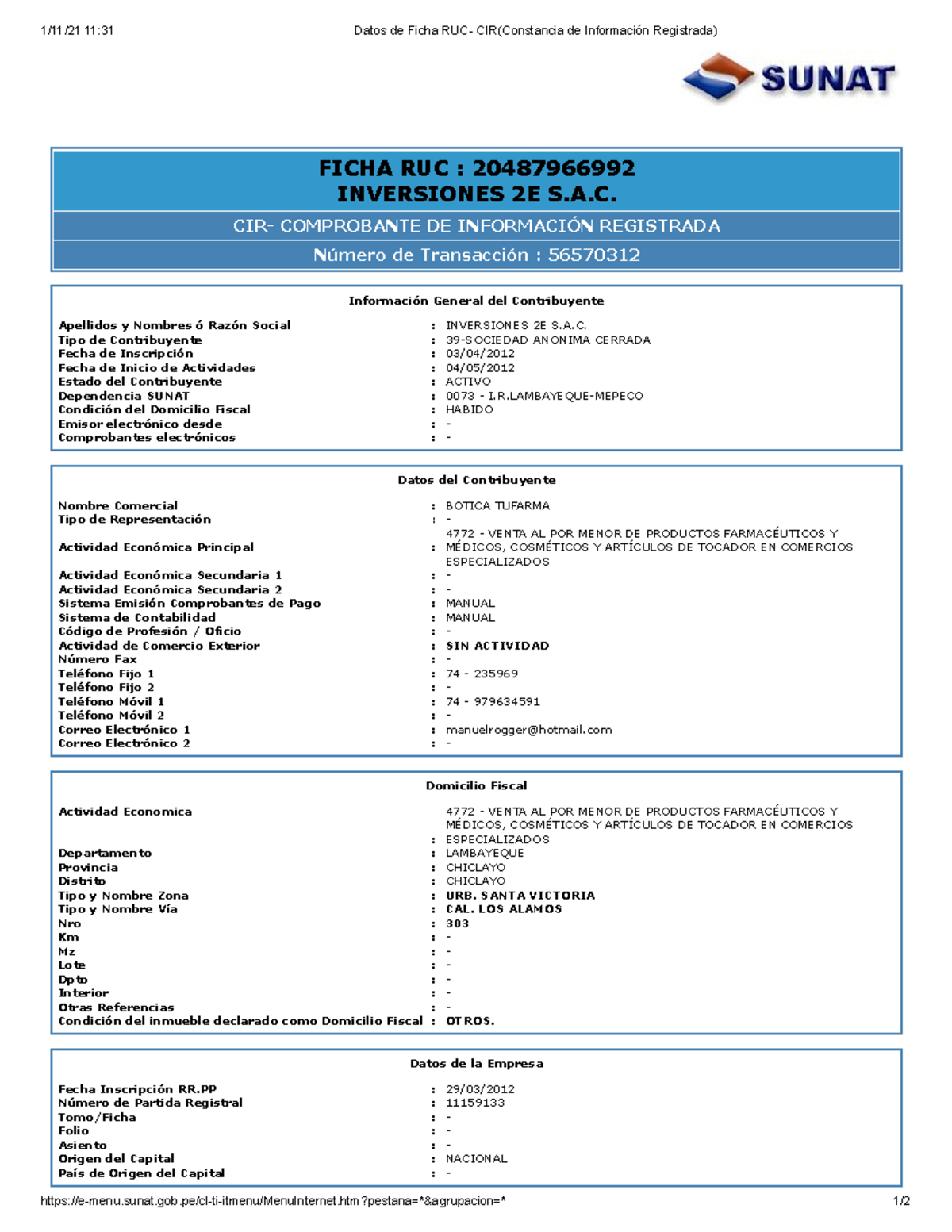 Sunat - Menú SOL - 1/11/21 11:31 Datos de Ficha RUC- CIR(Constancia de Información Registrada ...