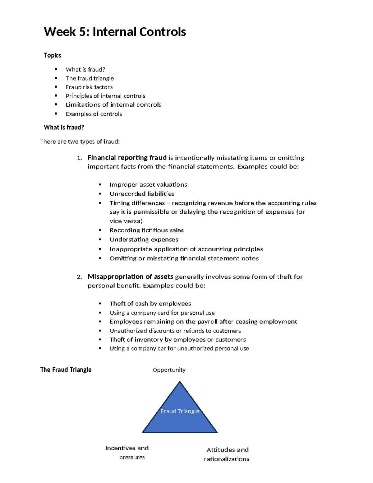 Internal Controls Notes - Fraud Triangle Week 5: Internal Controls ...