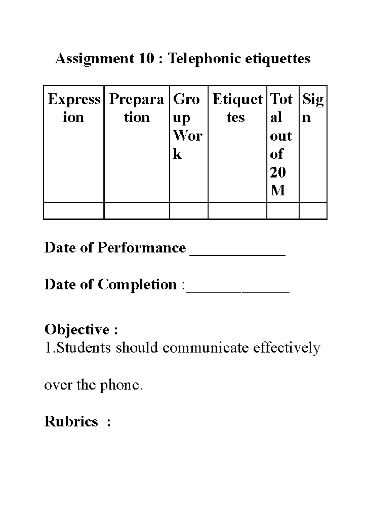 Assignment 10 - oop - Assignment 10 : Telephonic etiquettes Express ion ...