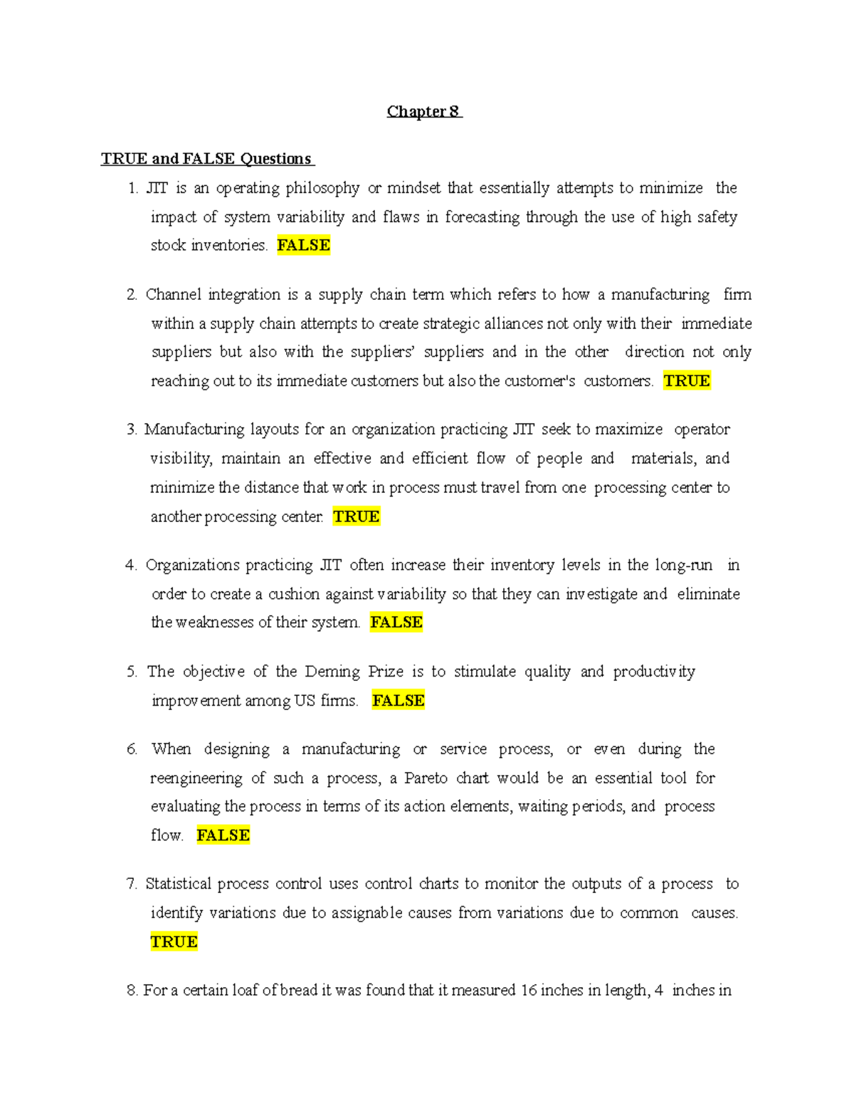 SCM Tutorial 8 - true/false, objective and essay questions - Supply ...