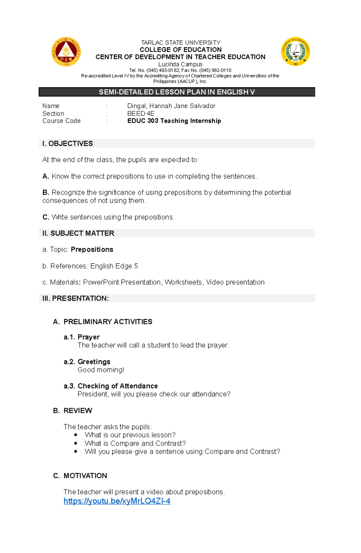 English 5 Prepositions - SEMI-DETAILED LESSON PLAN IN ENGLISH V Name ...