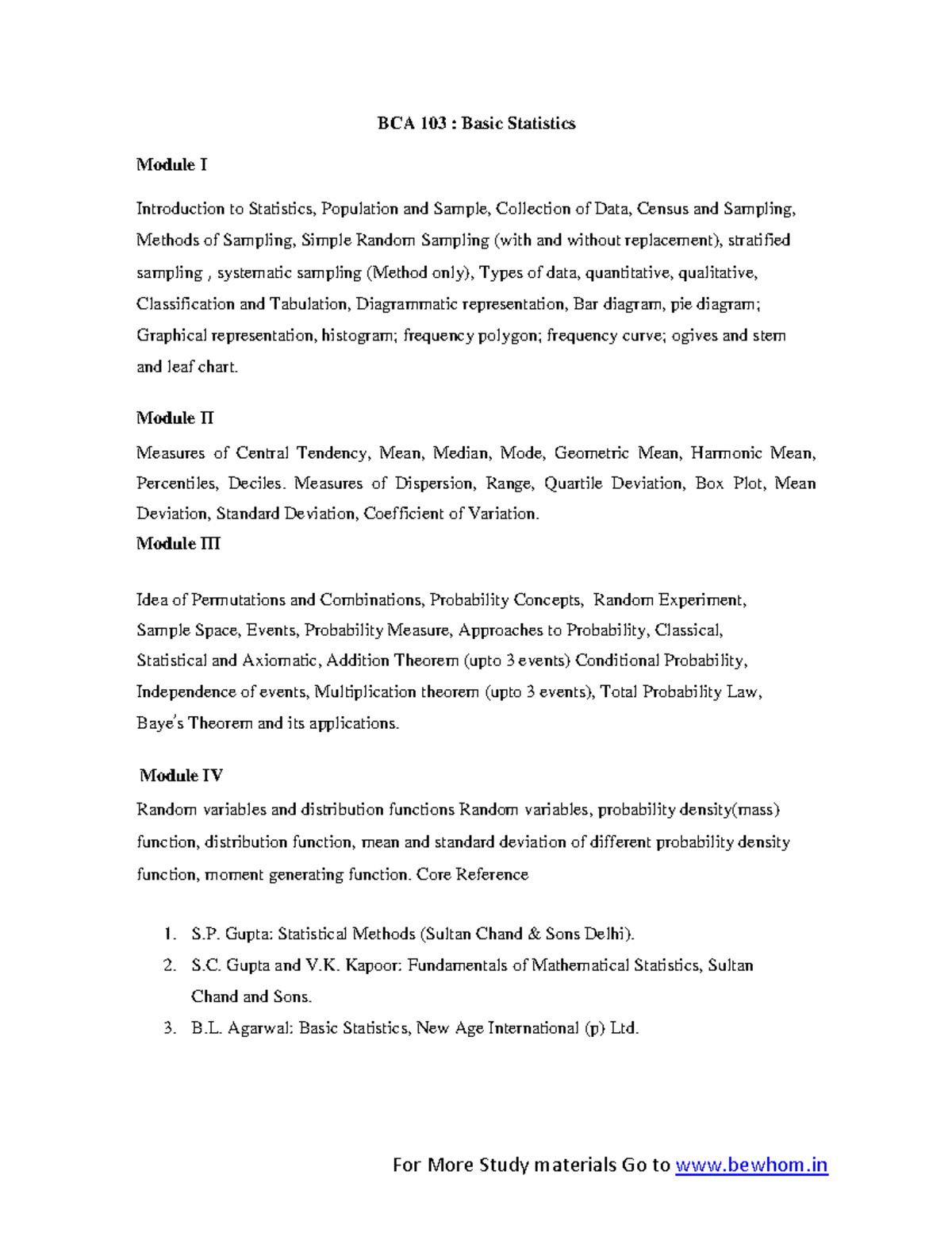 BCA 103 Basic Statistics - For More Study materials Go to bewhom BCA 103 : Basic Statistics ...