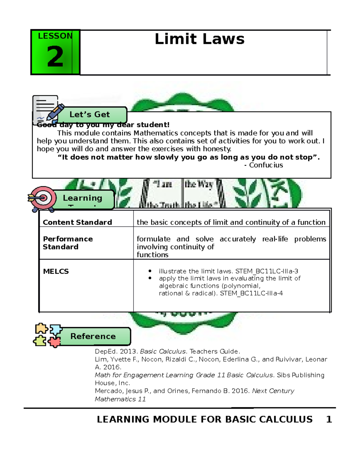 Lesson 2 Limit Laws - cfgh - l DepEd. 2013. Basic Calculus. Teachers ...