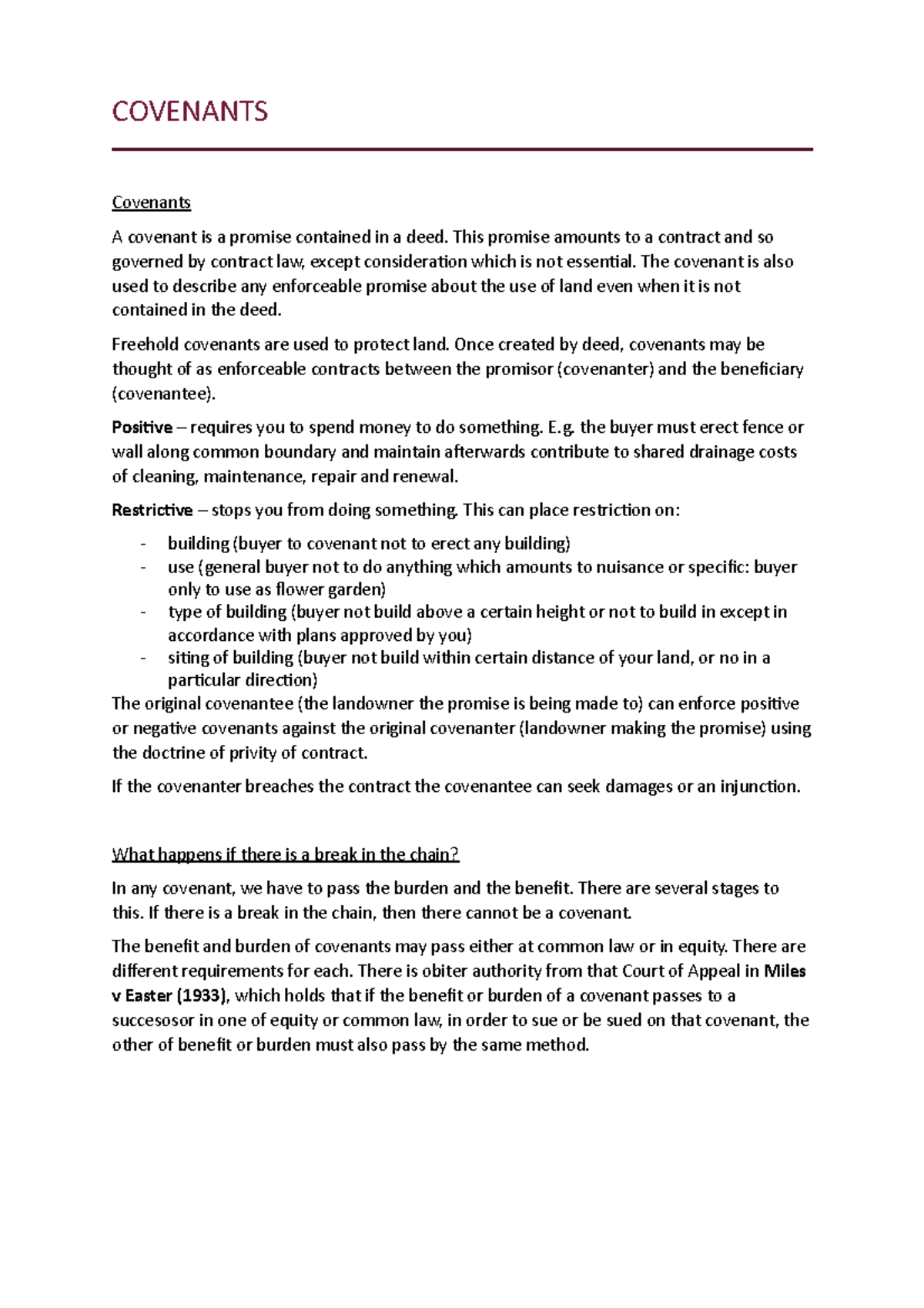 Covenants - Notes - COVENANTS Covenants A covenant is a promise ...