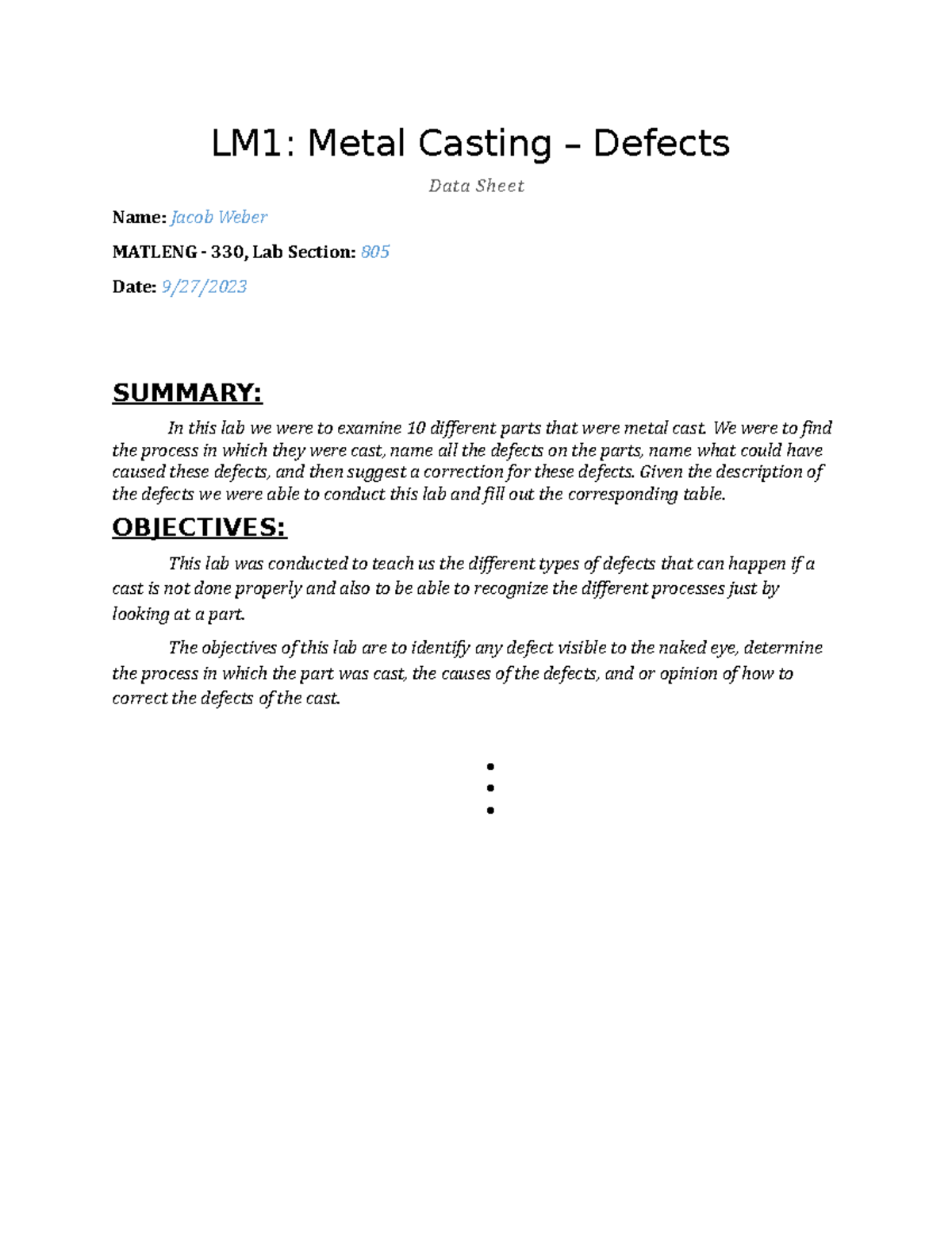 Weber-Jacob-LM1 - Lap 1 report - LM1: Metal Casting – Defects Data ...