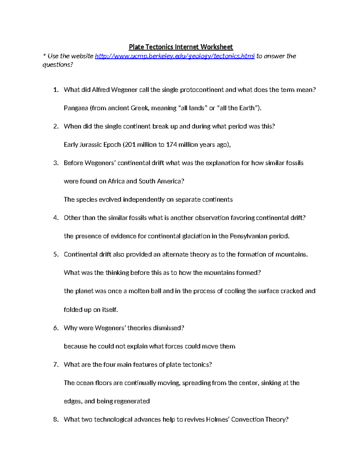 Plate Tectonics Internet Worksheet - berkeley/geology/tectonics.html to ...