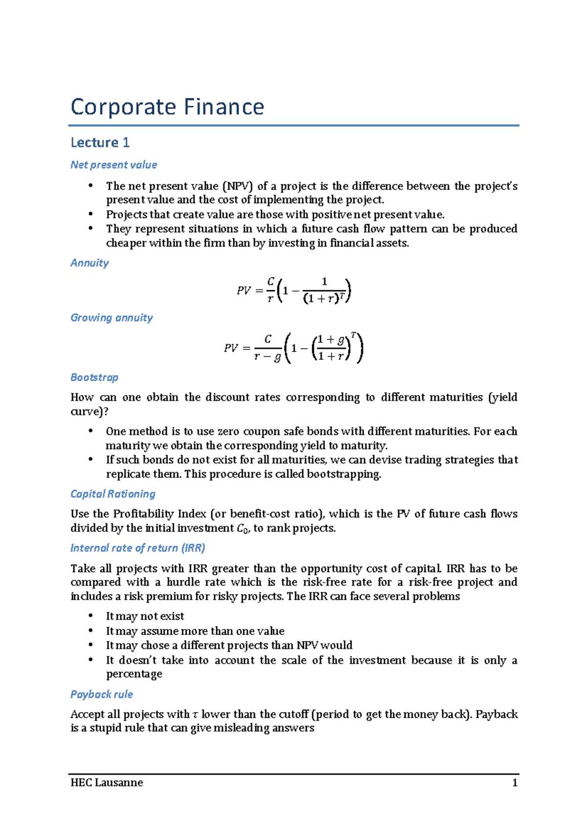CF Summary - Corporate Finance Lecture 1 Net present value The net ...