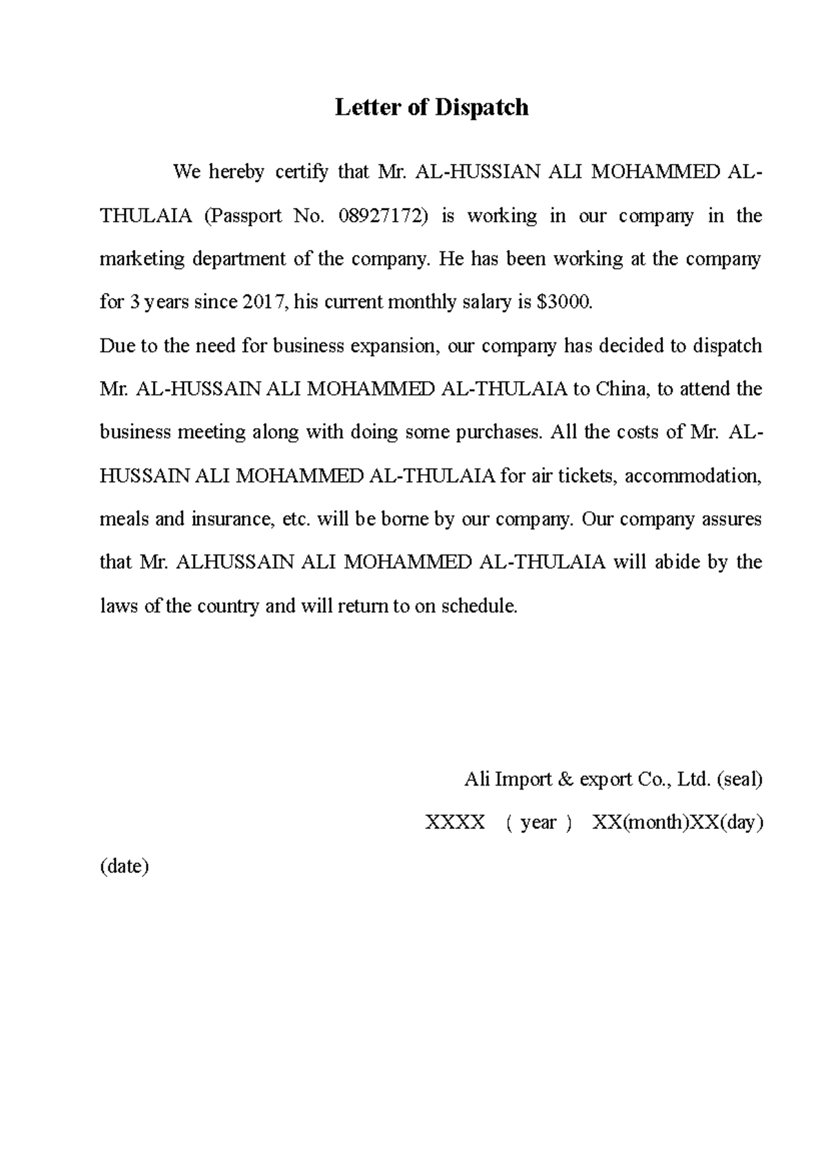 Dispatch letter lecture one till 4 - Letter of Dispatch We hereby ...
