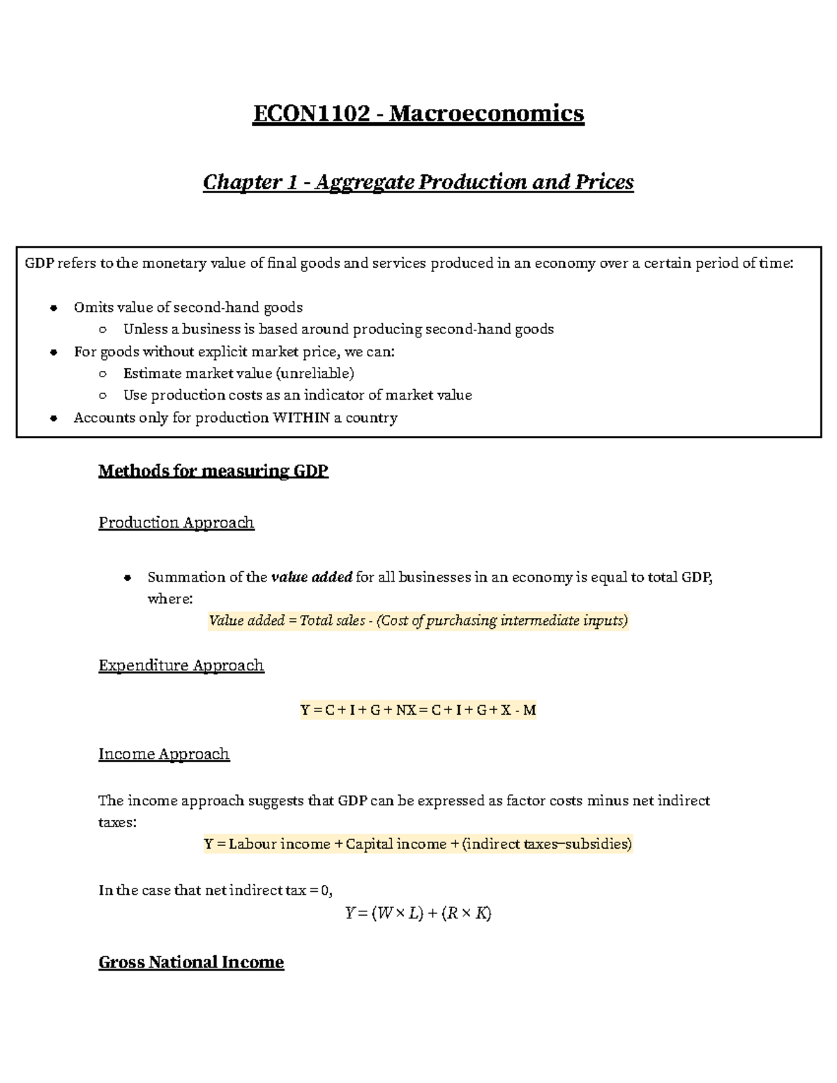 ECON1102 - Macroeconomics - ECON1102 - Macroeconomics Chapter 1 - Aggregate Production and ...