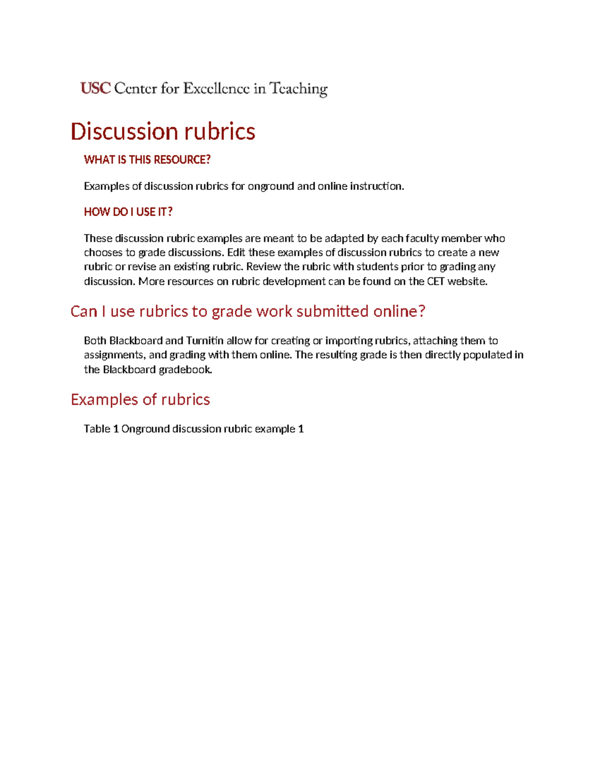 Discussion Rubrics - Lecture notes - Discussion rubrics WHAT IS THIS ...